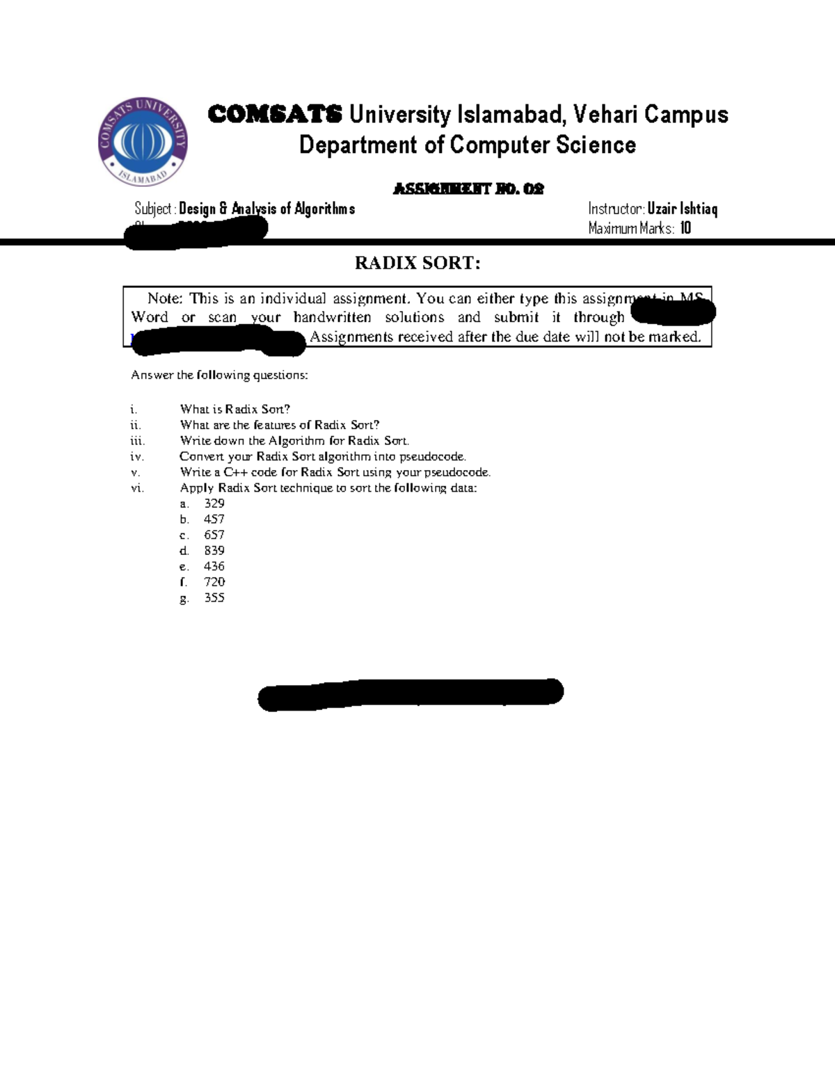 Assignment 02 DAA - COMSATS University Islamabad, Vehari Campus Department of Computer Science ...
