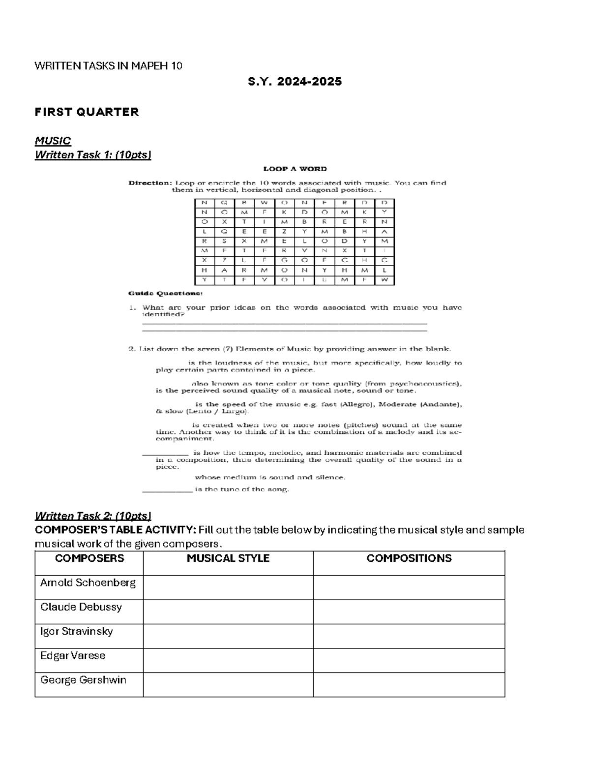 1st Qtr Written Tasks IN Music 10 - Teaching - WRITTEN TASKS IN MAPEH ...