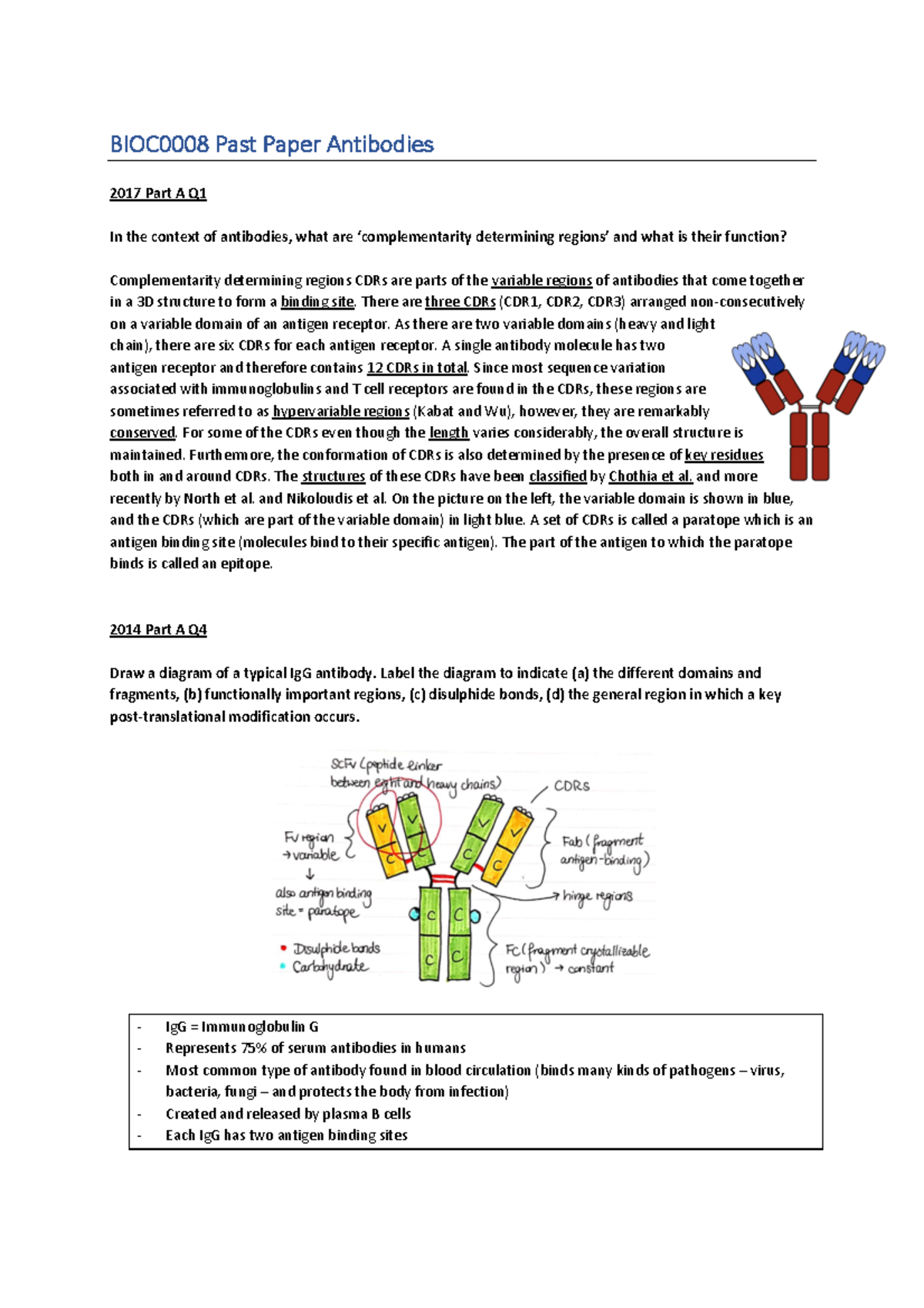 BIOC0008 Past Paper Antibodies - There are three CDRs (CDR1, CDR2, CDR3 ...
