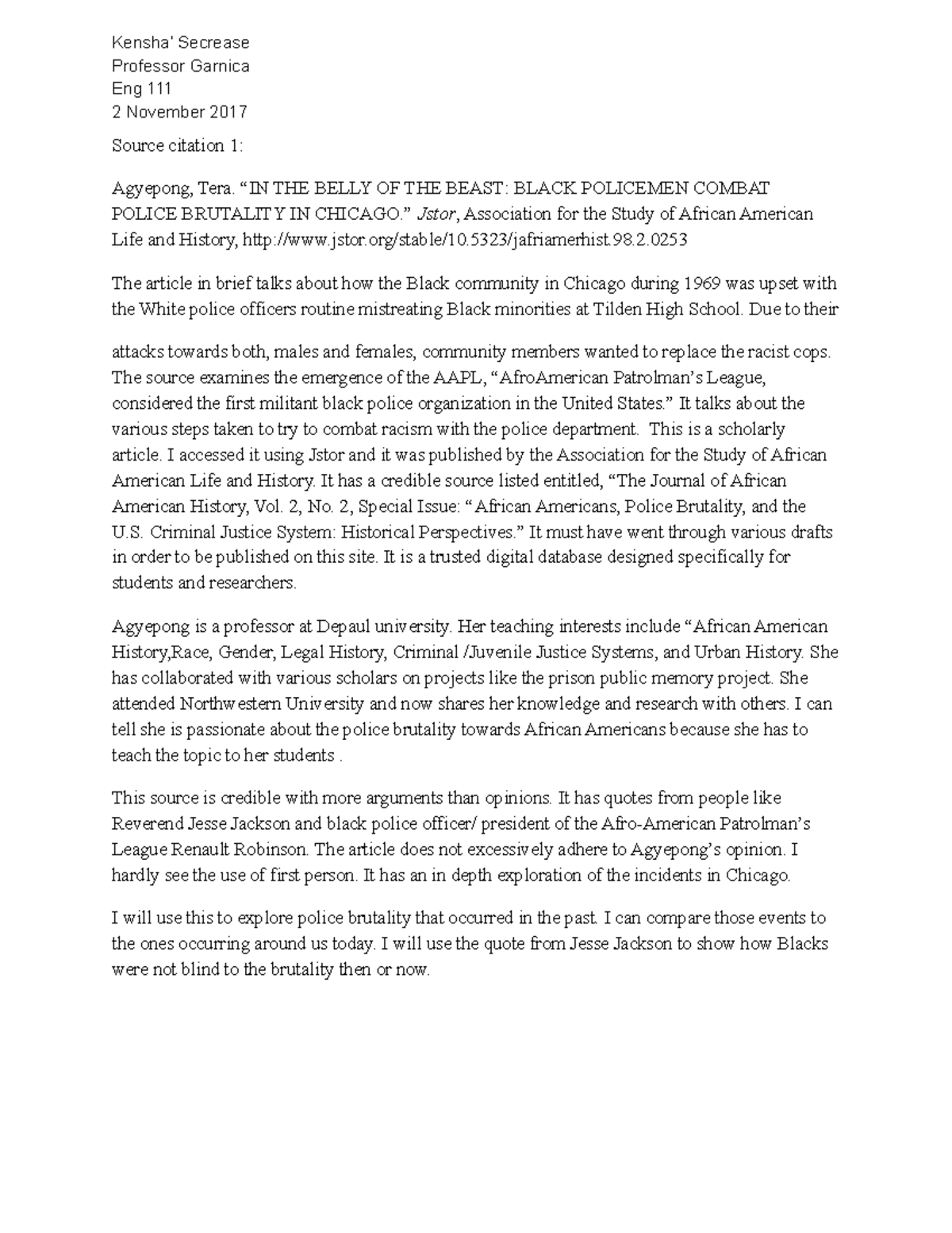 Source Analysis 1 - Kensha’ Secrease Professor Garnica Eng 111 2 November 2017 Source citation 1 ...