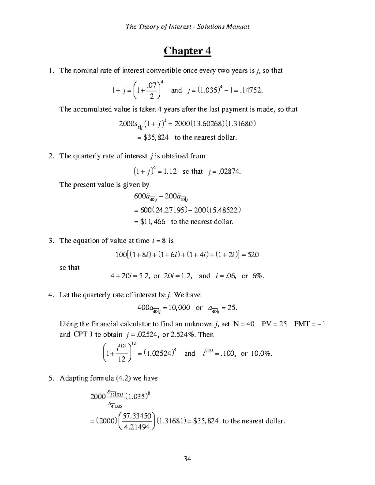 Chapter 004 - Ch 4 Exercise Solutions - The Theory of Interest - Solutions Manual Chapter 4 The ...