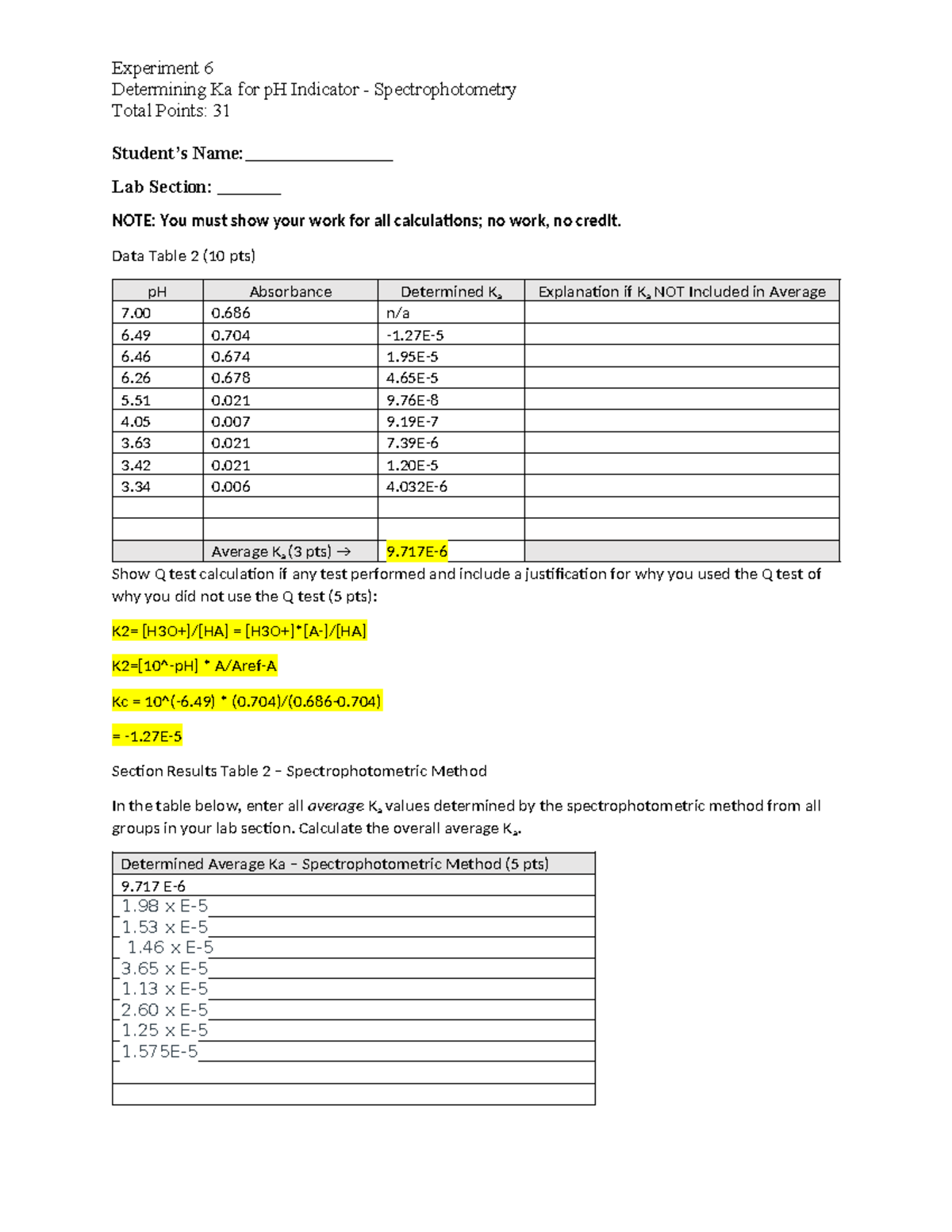 6 Determining Ka for p H Indicator - Spectrophotometry chem 110 - Experiment 6 Determining Ka ...