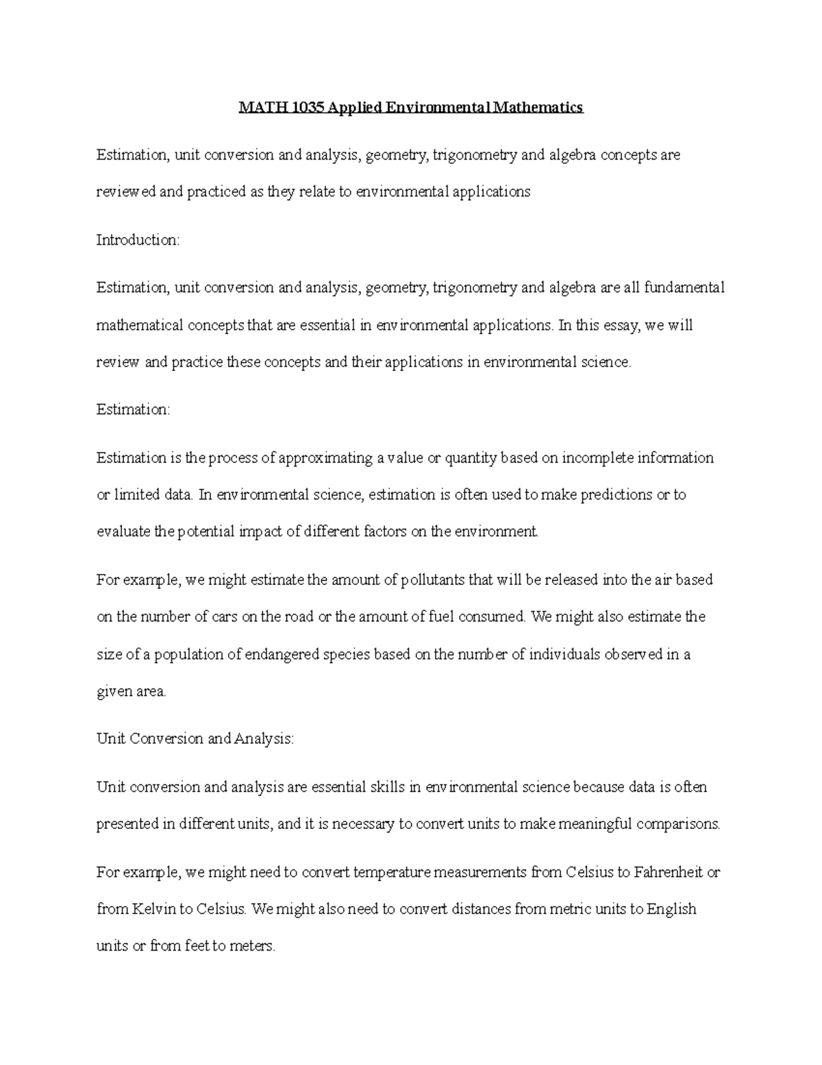 MATH 1035 Applied Environmental Mathematics - MATH 1035 Applied ...