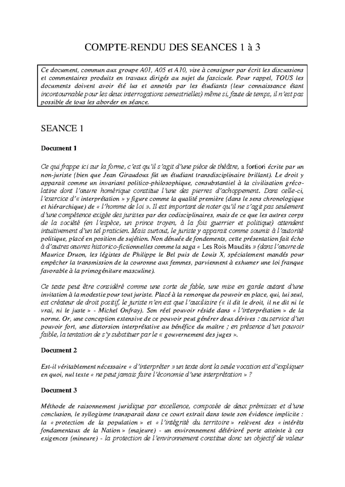 Compte- Rendu Seance 1 A 3 - COMPTE-RENDU DES SEANCES 1 à 3 Ce document ...