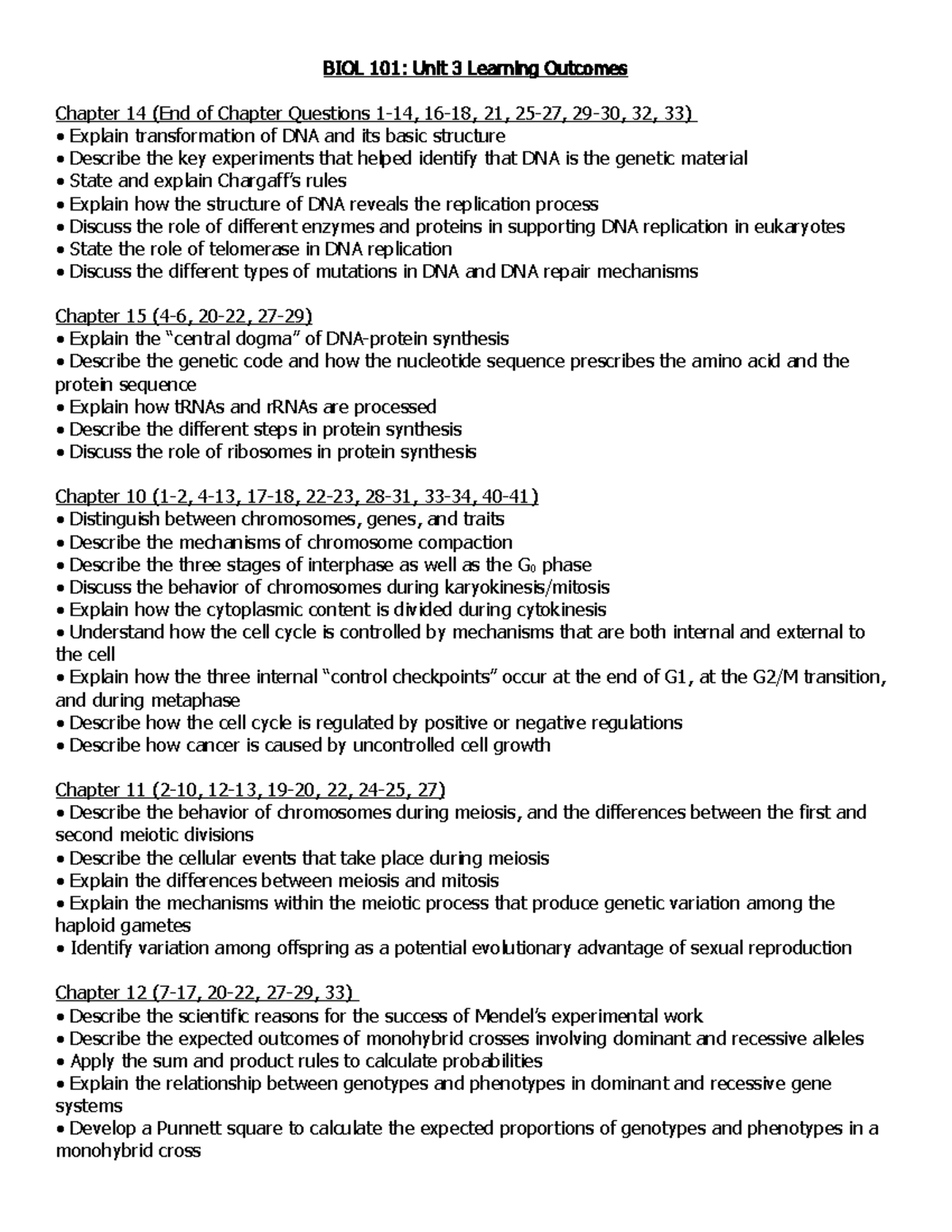BIOL 101 Unit 3 Learning Outcomes - BIOL 101 : Unit 3 Learning Outcomes Chapter 14 (End of ...