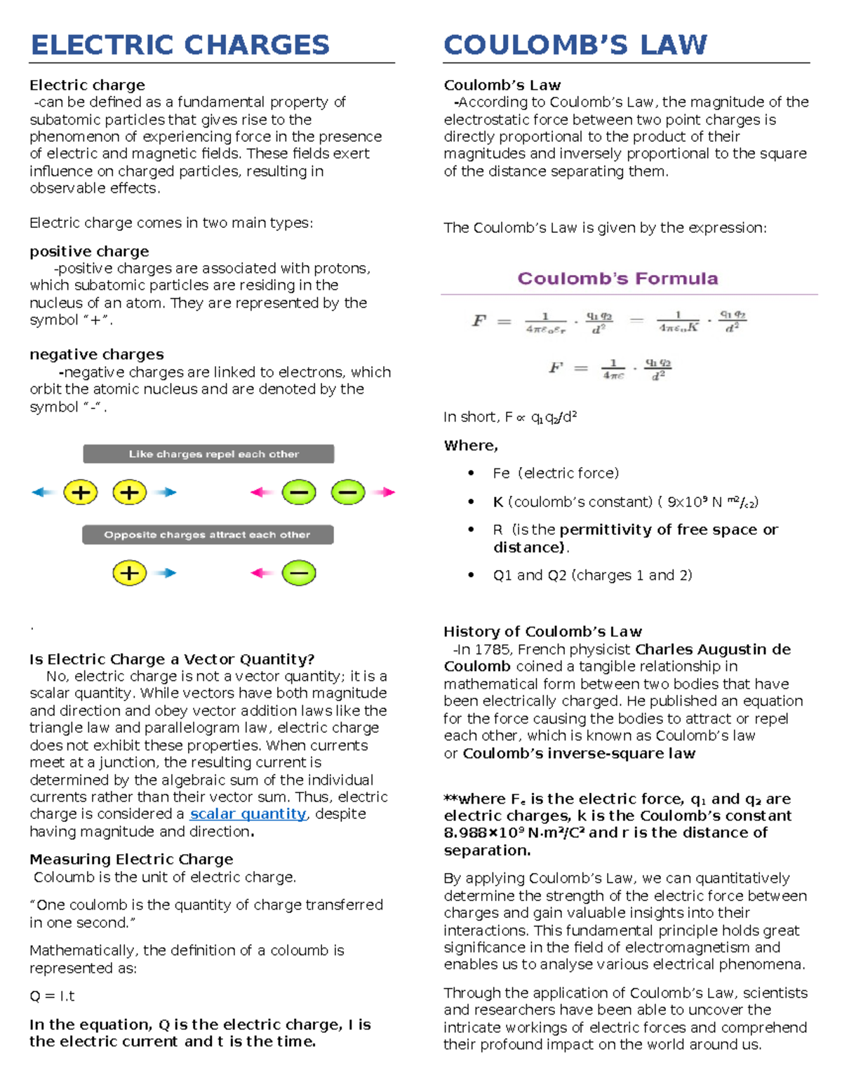 GEN Physics 2 - ELECTRIC CHARGES Electric charge -can be defined as a ...