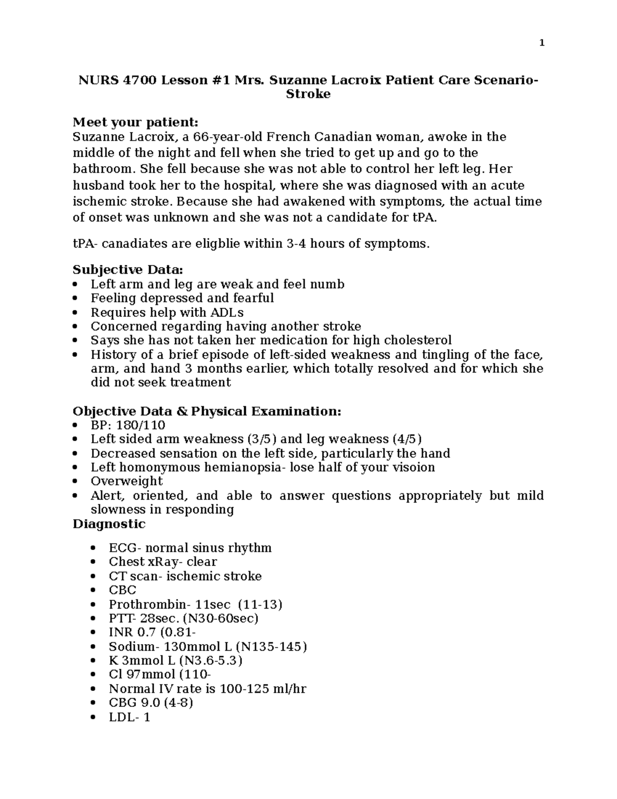 NURS 4700 Lesson #1 Ms. Lacroix Stroke Case Study-post for students - 1 ...