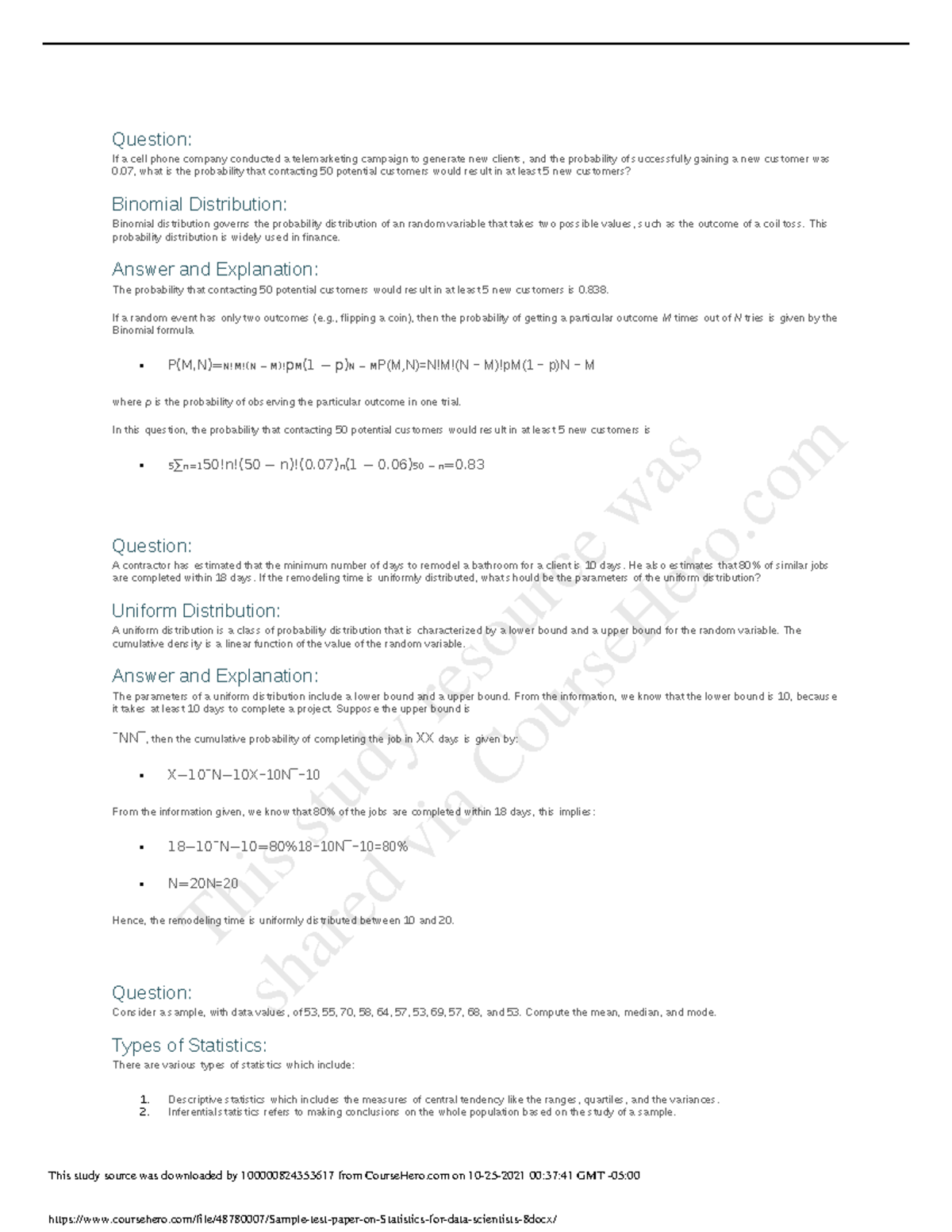 Sample test paper on Statistics for data scientists 8 - Probability and ...