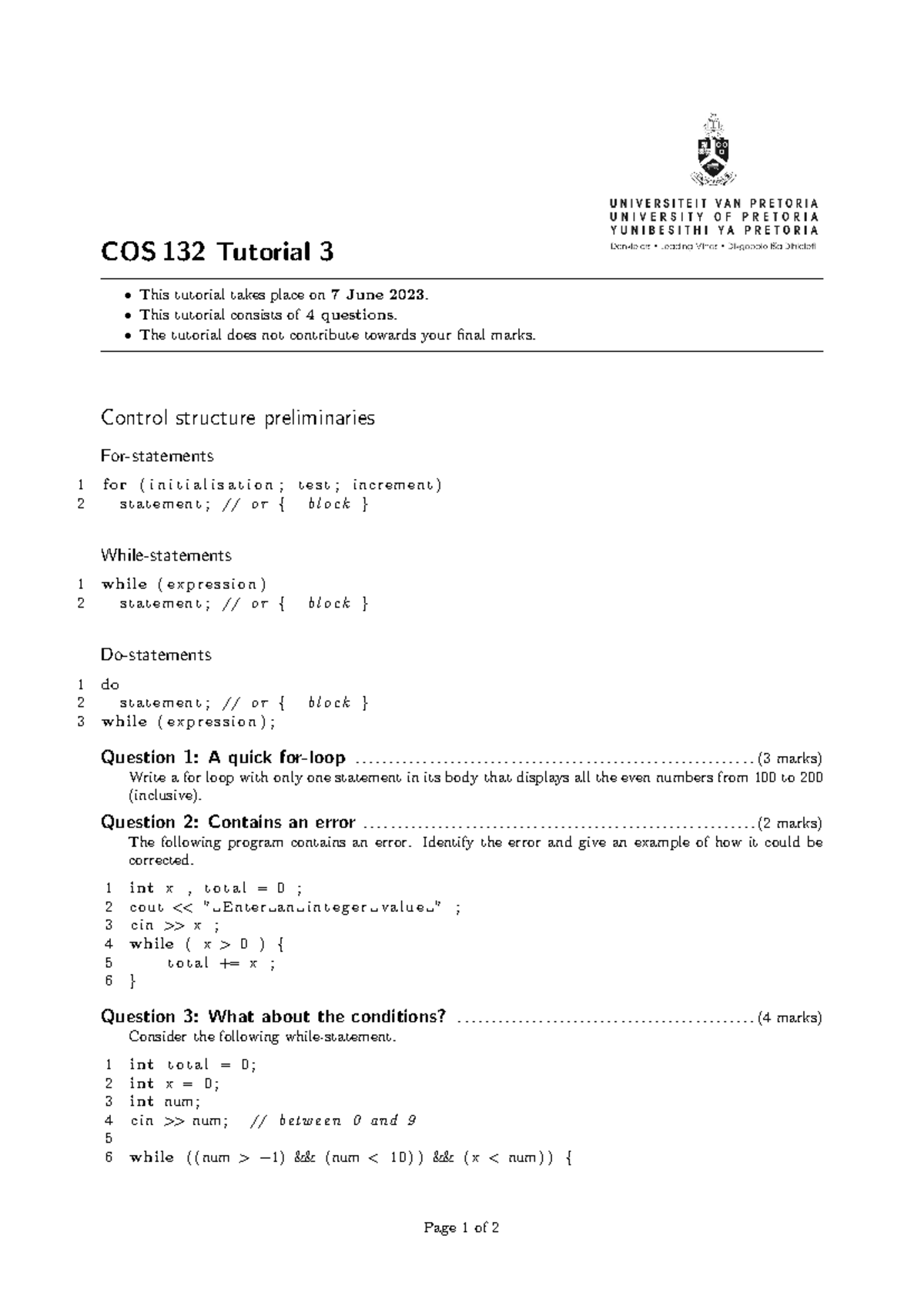 cos 132 worksheet - COS 132 Tutorial 3 This tutorial takes place on 7 June 2023. This tutorial ...