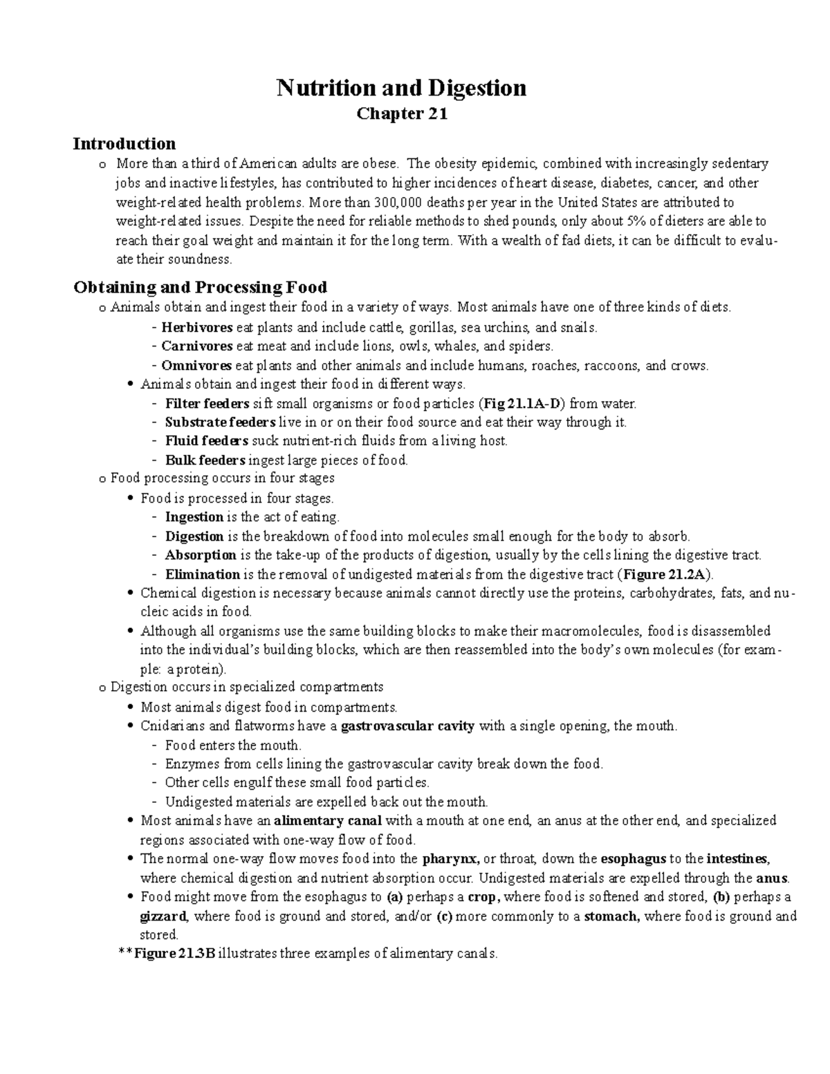 Lecture 21- Bio 102 - Nutrition and Digestion Chapter 21 Introduction o ...