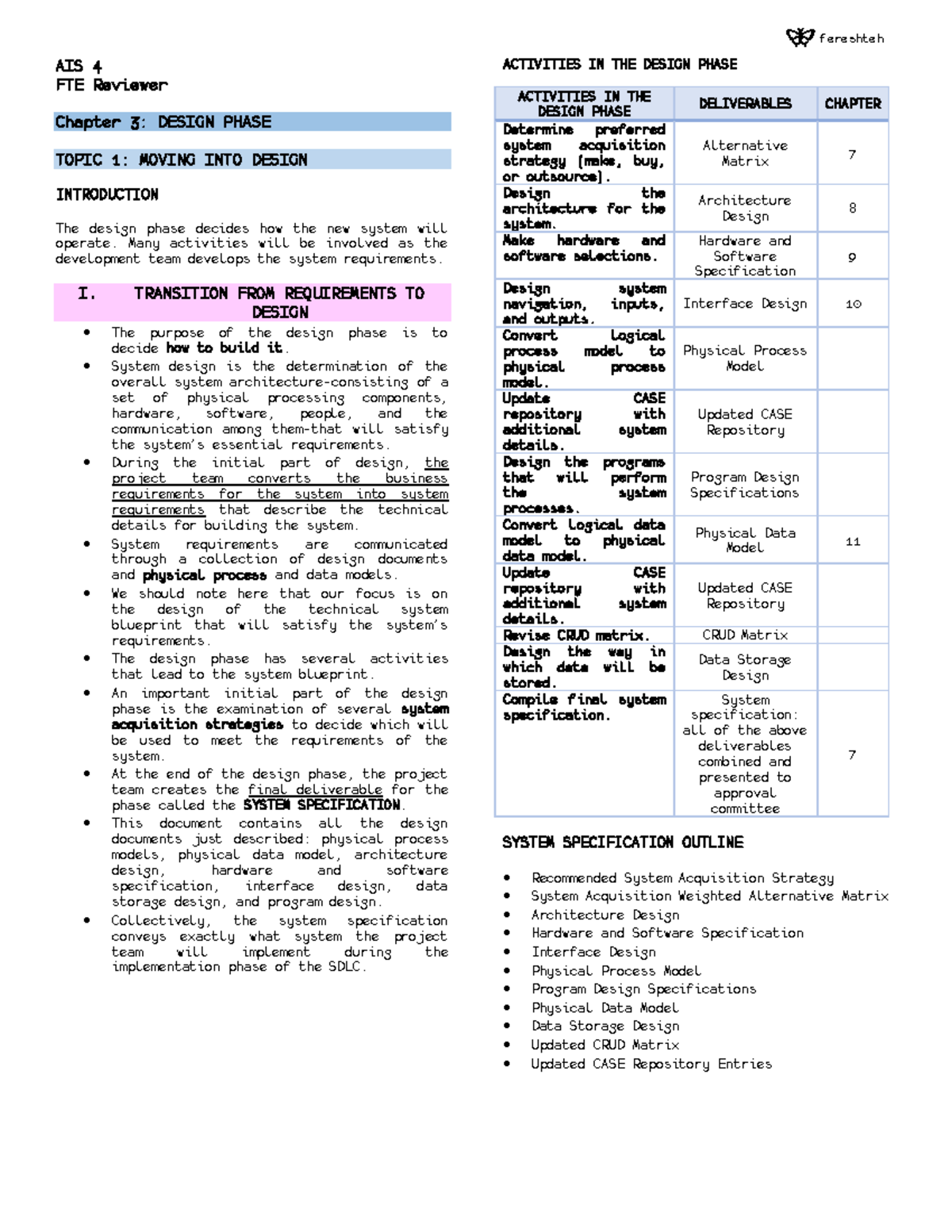 AIS4-FTE - Enjoy - fereshteh AIS 4 FTE Reviewer Chapter 3: DESIGN PHASE ...