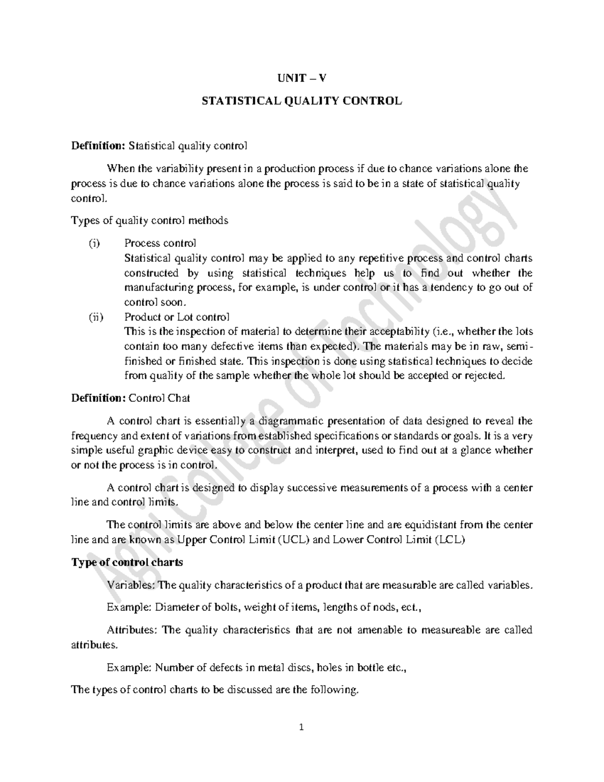 UNIT V Statistical Quality Control - UNIT – V STATISTICAL QUALITY ...