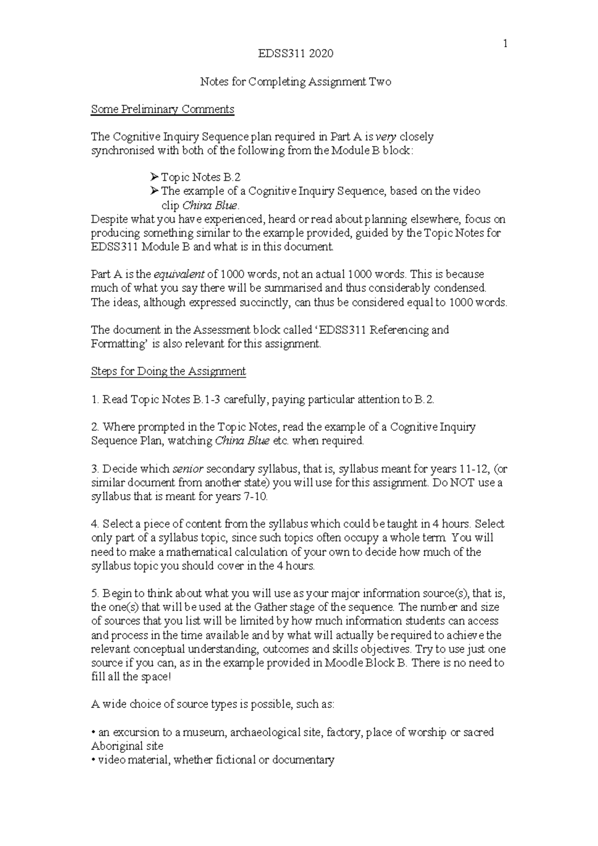 Notes for Completing Assignment Two - EDSS311 20 20 Notes for ...