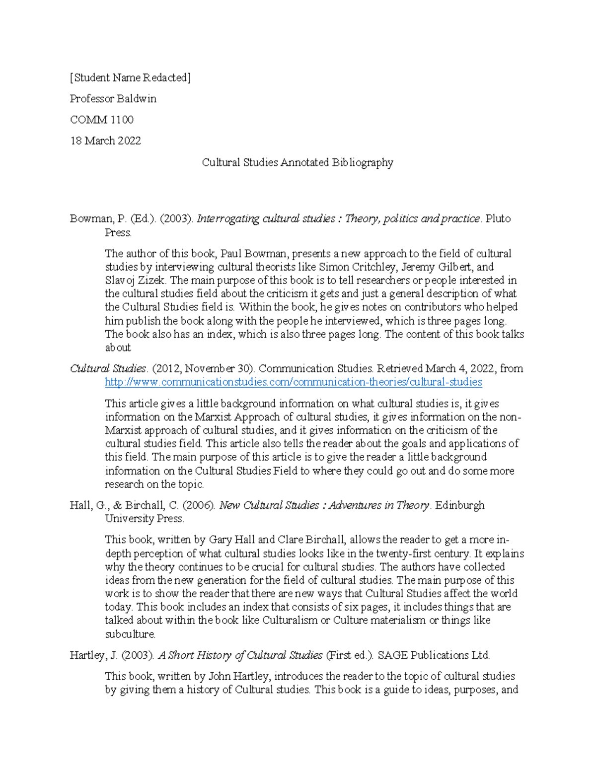 Annotated Bibliography Student Sample - [Student Name Redacted ...