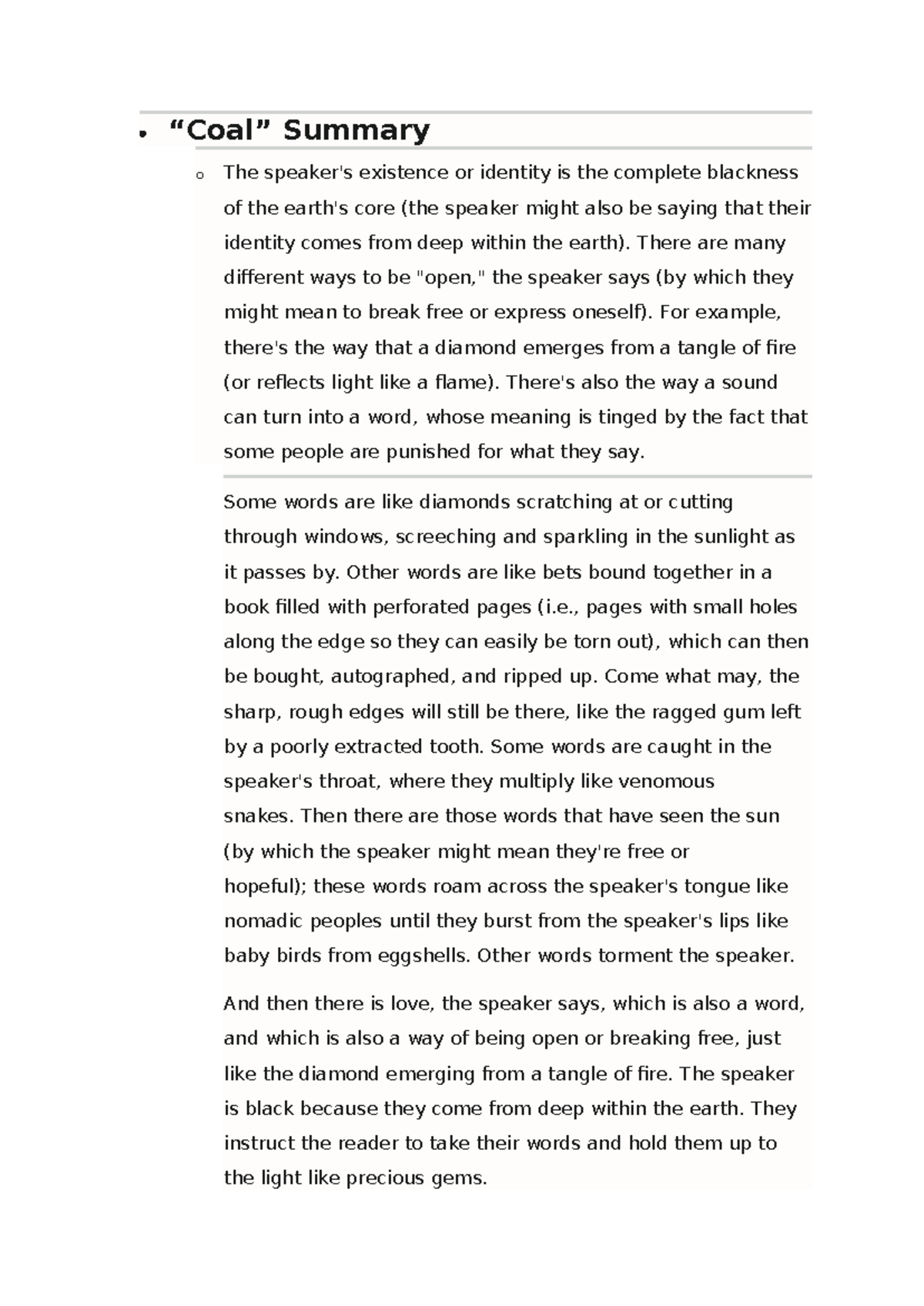 COAL Summary - coal - “Coal” Summary o The speaker's existence or ...