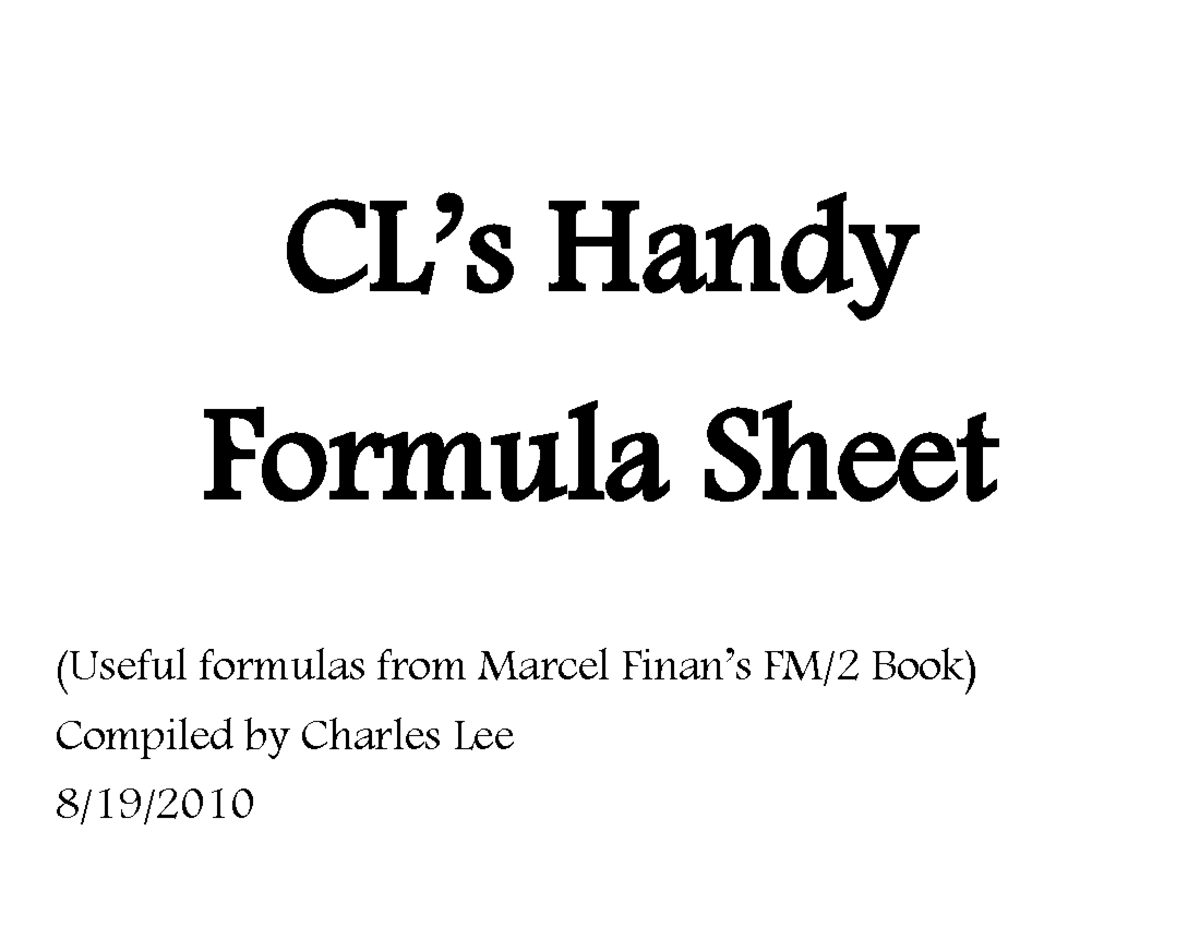 Financial Mathematics Formulas - CL’s Handy Formula Sheet (Useful ...
