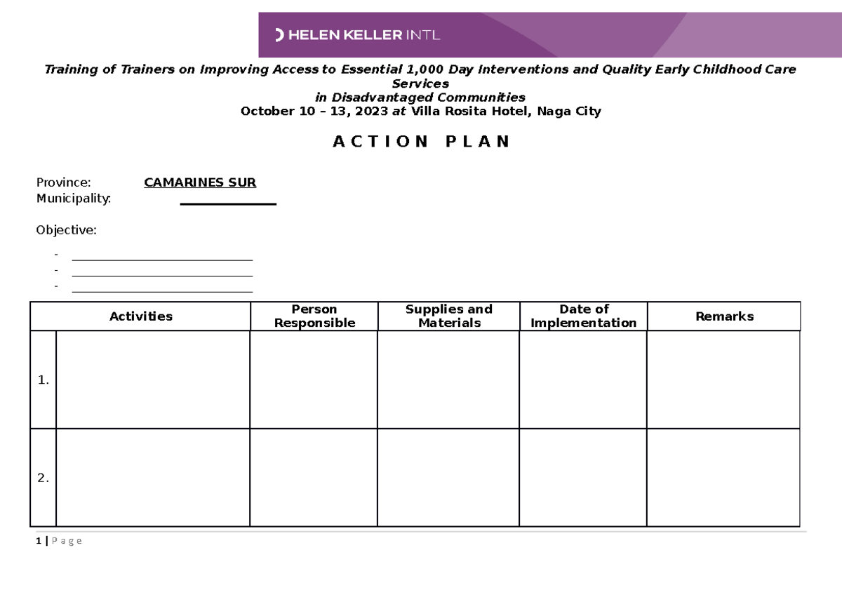 Plan Template Roll-out Training for BF1KD &ECCD - Training of Trainers ...