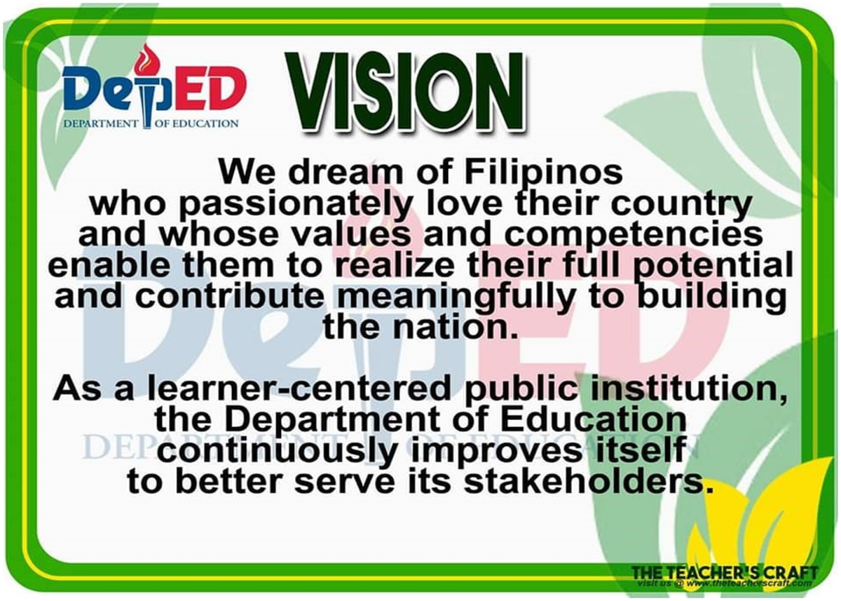 Deped vision and mission - DepED VISION DEPARTMENT OF EDUCATION We ...
