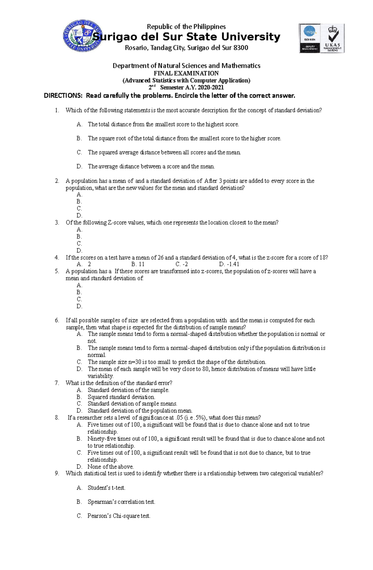 Statistics Final Exam 2020 2021 - Surigao del Sur State University ...