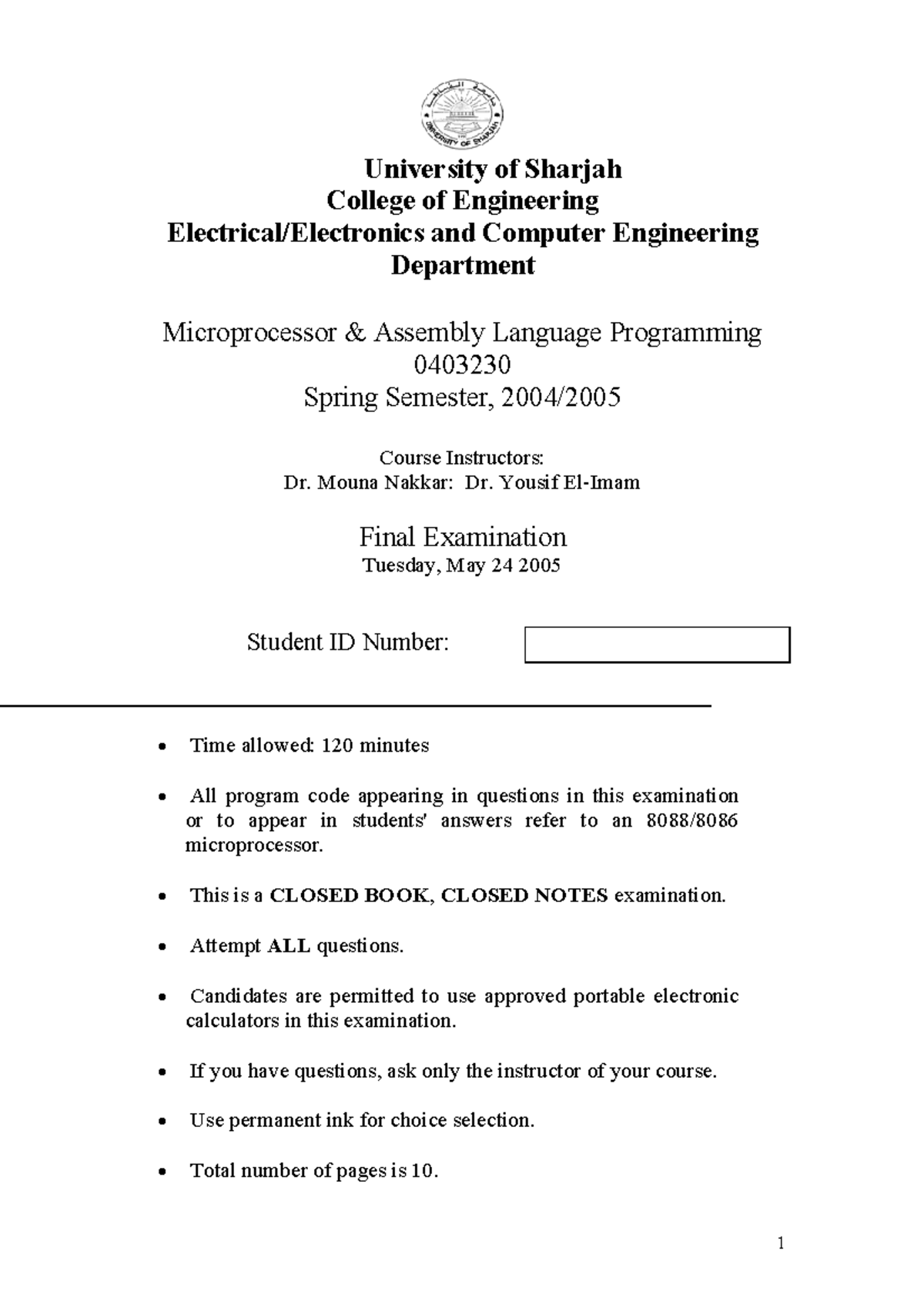 Final microprocessor Spring 2004 2005 - University of Sharjah College ...
