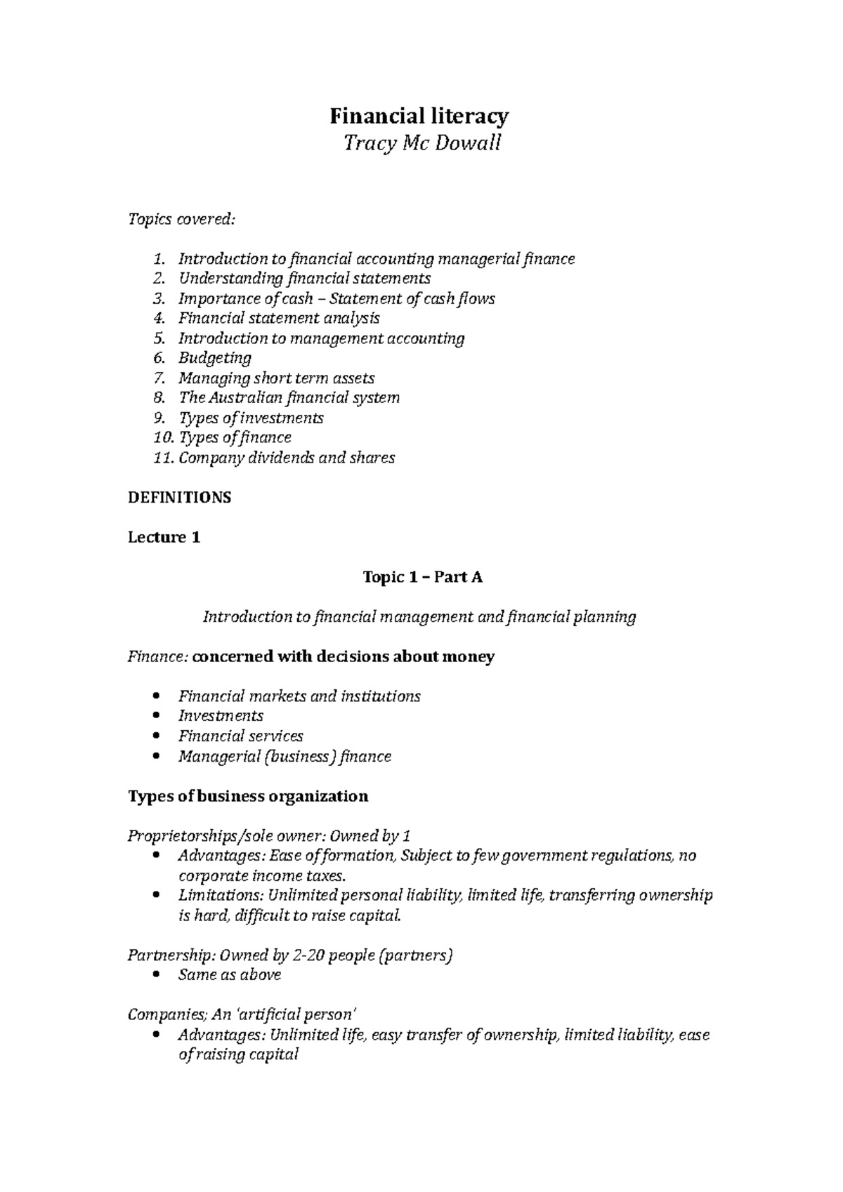Financial Literacy Lecture Notes - Lecture notes, lectures 1 - 2 ...