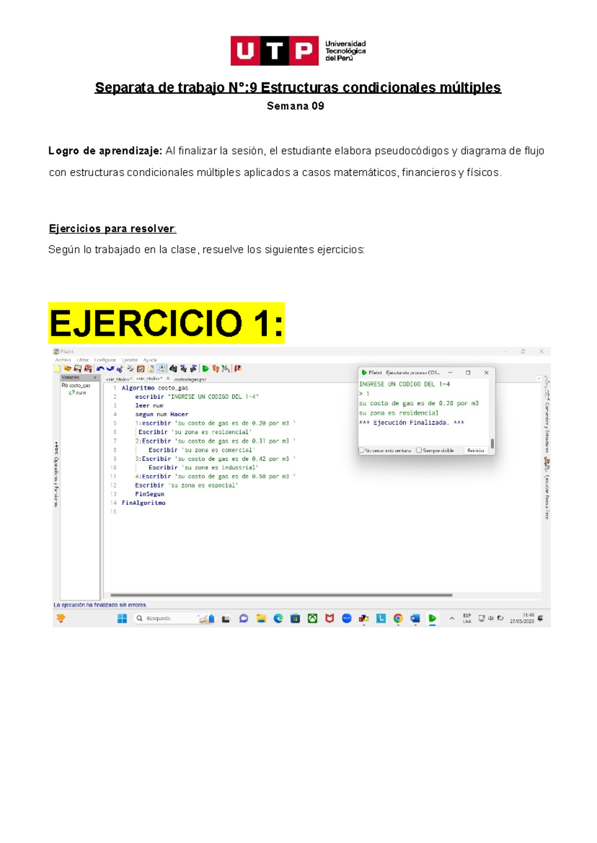 S09 - rgtf - Principios de algoritmos - Separata de trabajo N°:9 Estructuras condicionales ...