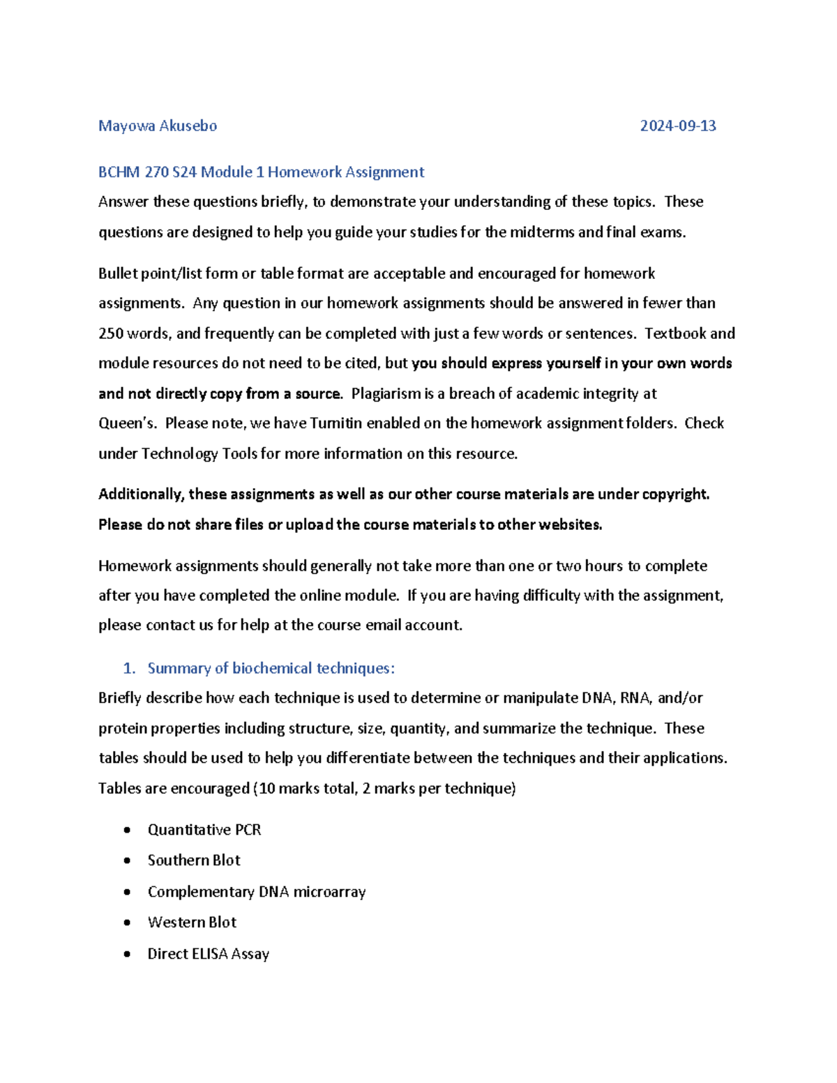 BCHM270 NS24 Module 1 Homework Assignment - Mayowa Akusebo 2024 - 09 - 13 BCHM 270 S24 Module 1 ...
