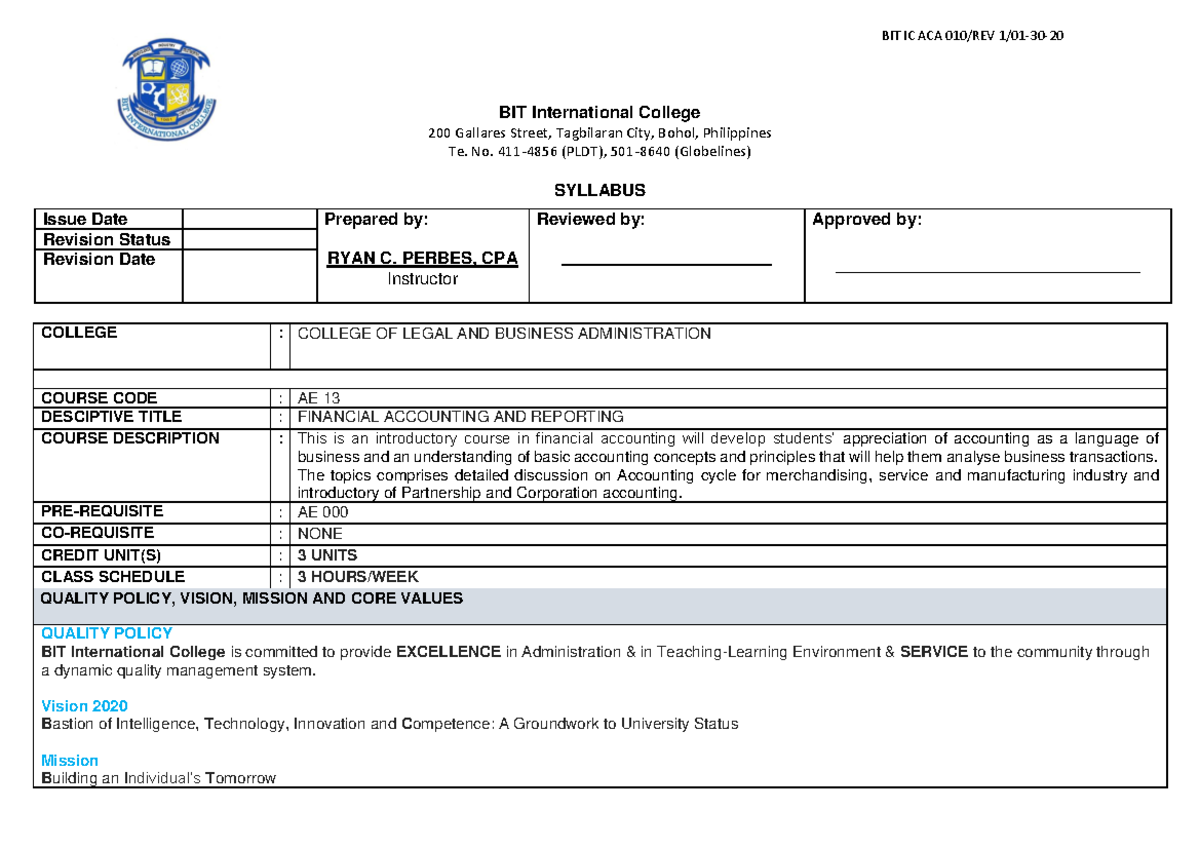 AE 13 Course Syllabus - Warning: TT: undefined function: 32 BIT International College 200 ...