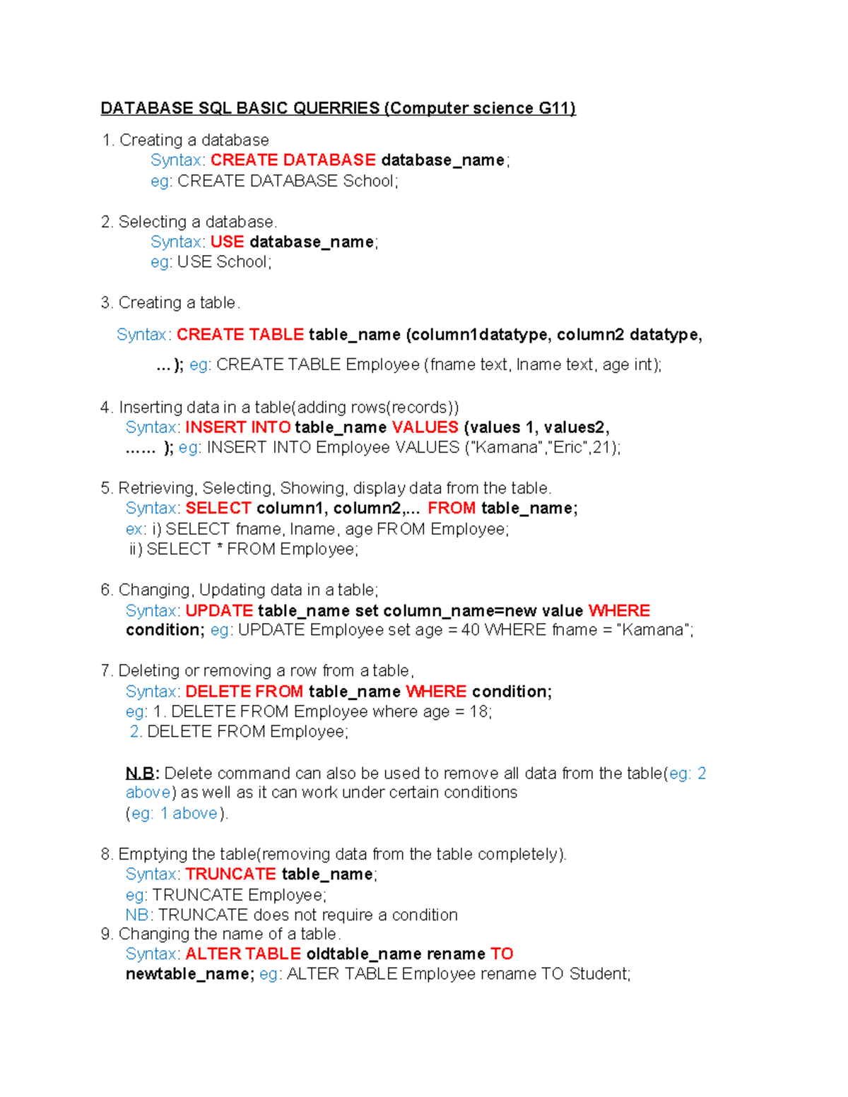 Database Querries - DATABASE SQL BASIC QUERRIES (Computer science G11) Creating a database ...