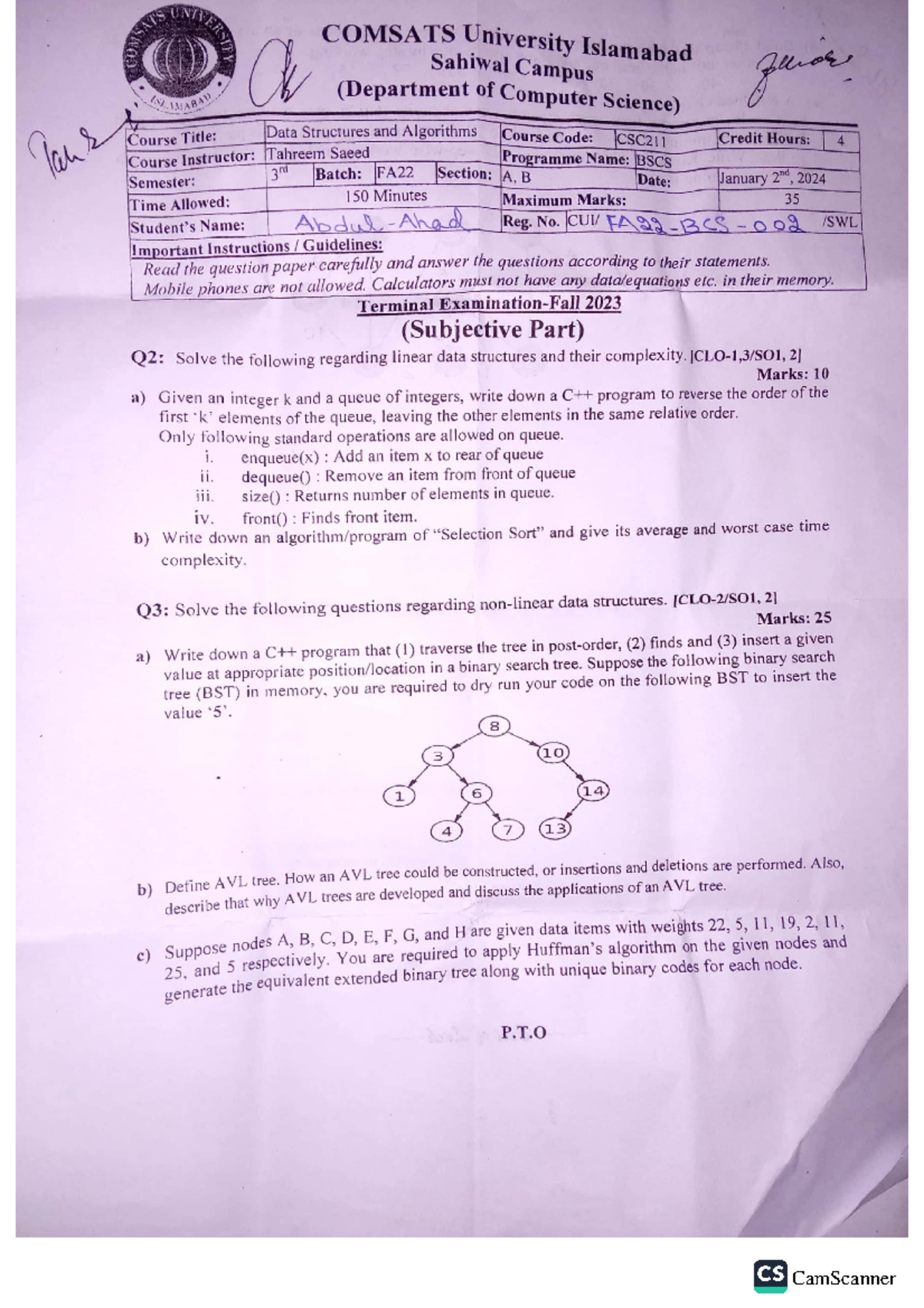 Ds A - Terminal FA22 - CSC211 - Data Structures and Algorithms - CamScanner CamScanner - Studocu