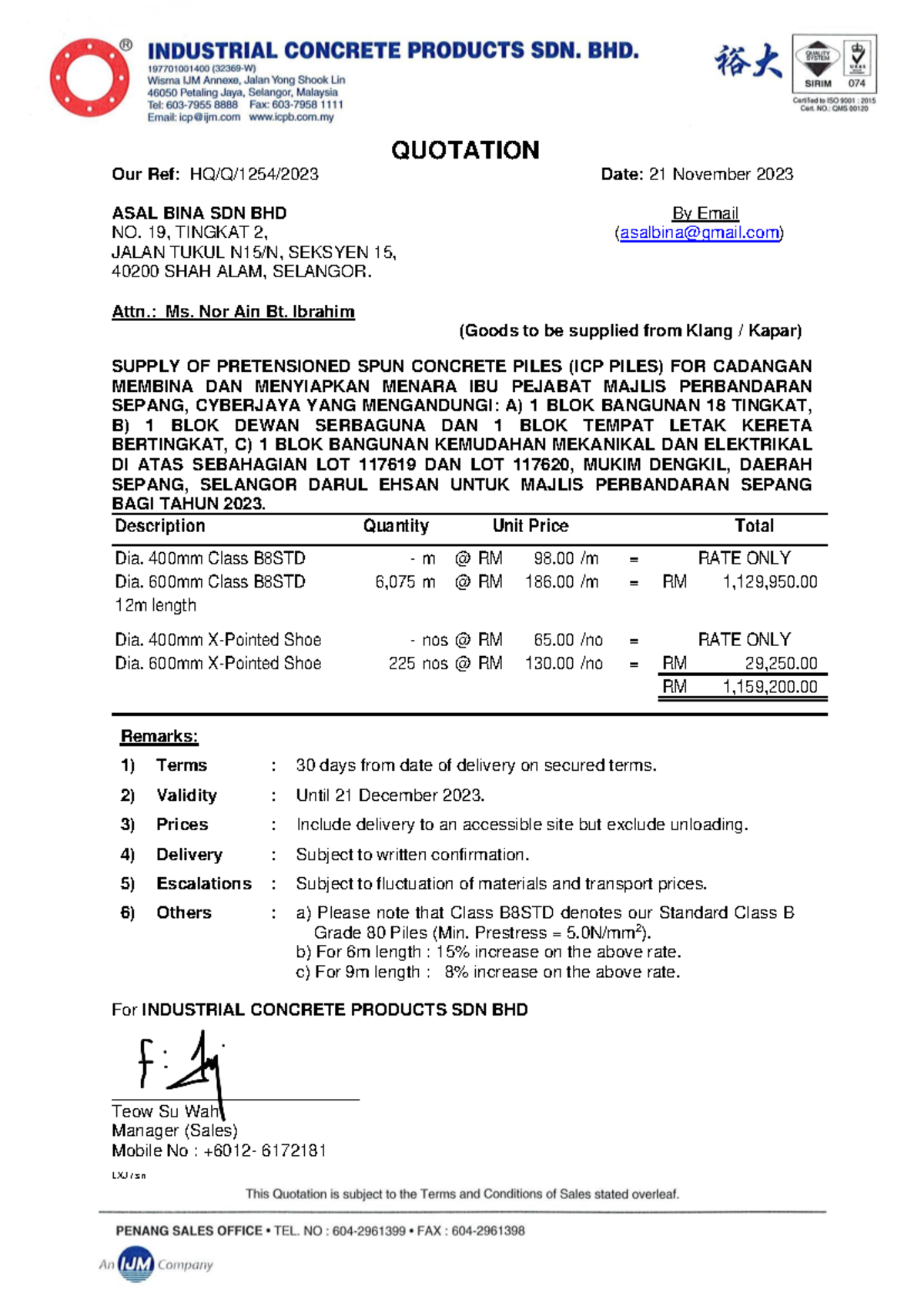 ICP Piling quotation - QUOTATION Our Ref: HQ/Q/ 1254 / 2023 Date: 21 ...