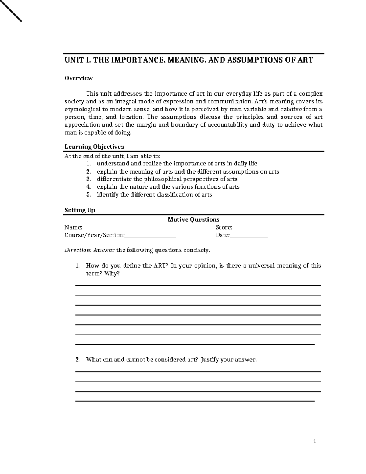 ART Appreciation GE 6 Module Final - UNIT I. THE IMPORTANCE, MEANING ...