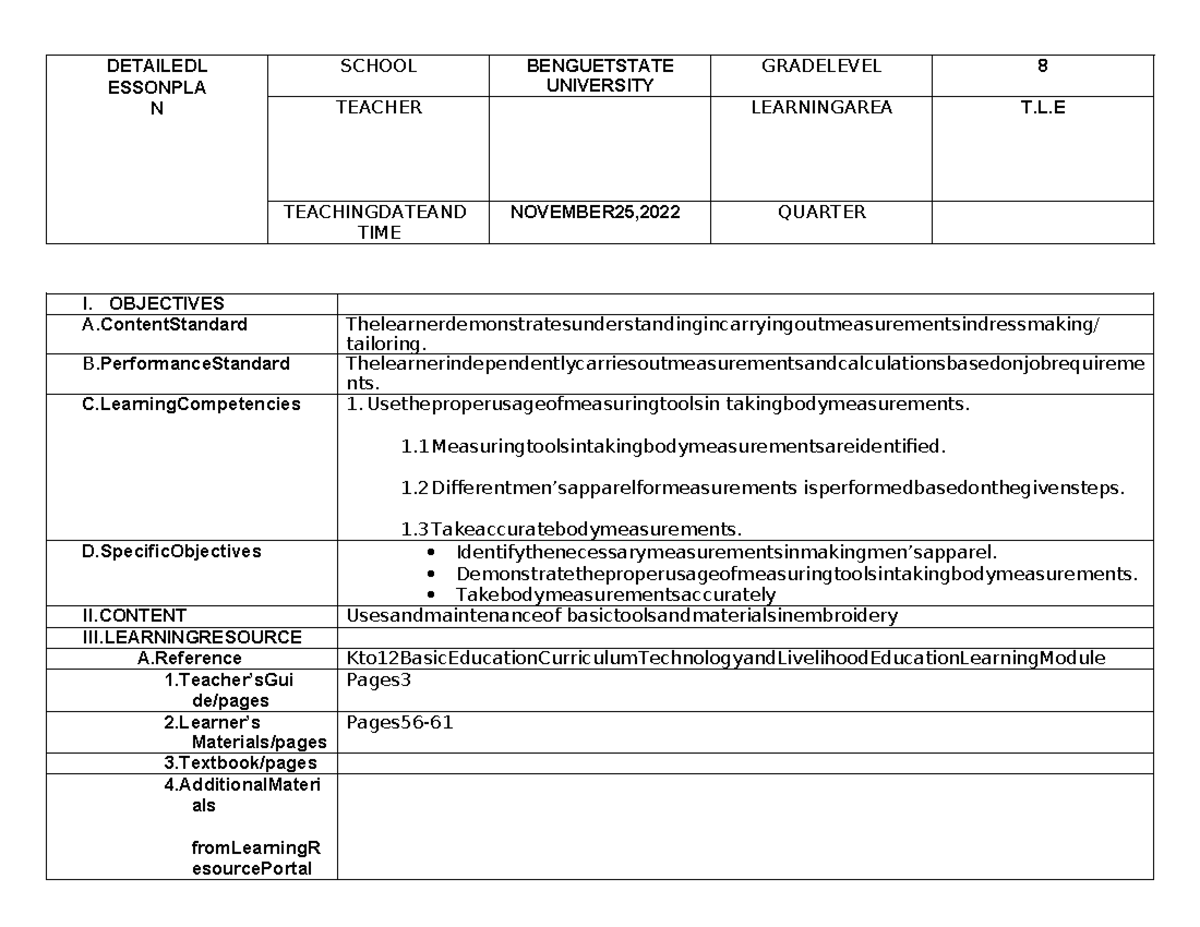 DLP-Dress Making - Detailed lesson plan - DETAILEDL ESSONPLA N SCHOOL ...
