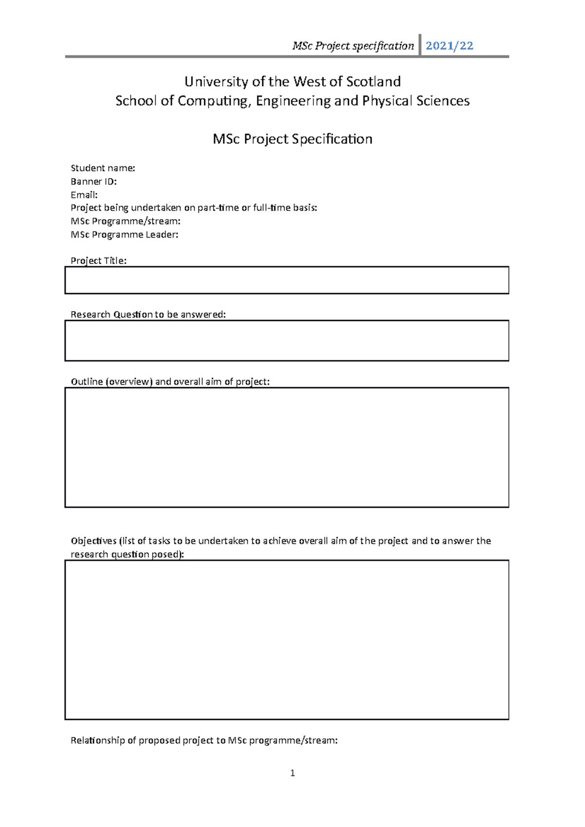 MSc Project specification form 2022-23 - MSc Project specification 2021 ...