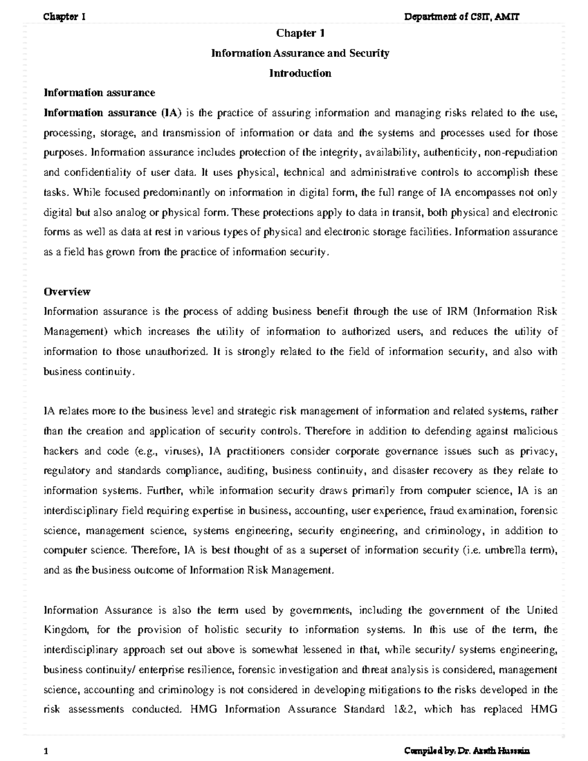 Information Assurance and Security - Chapter 1 Information Assurance ...