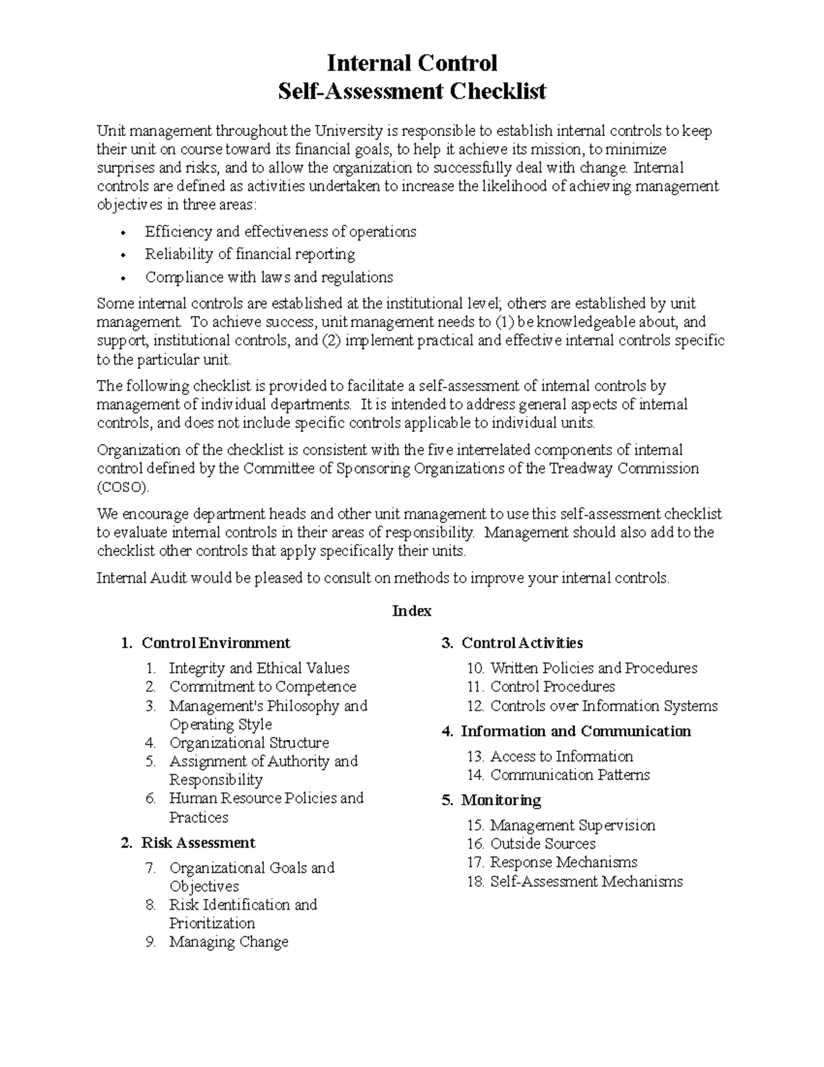 Internal Control Self Assessment Mar-06 - Internal Control Self ...