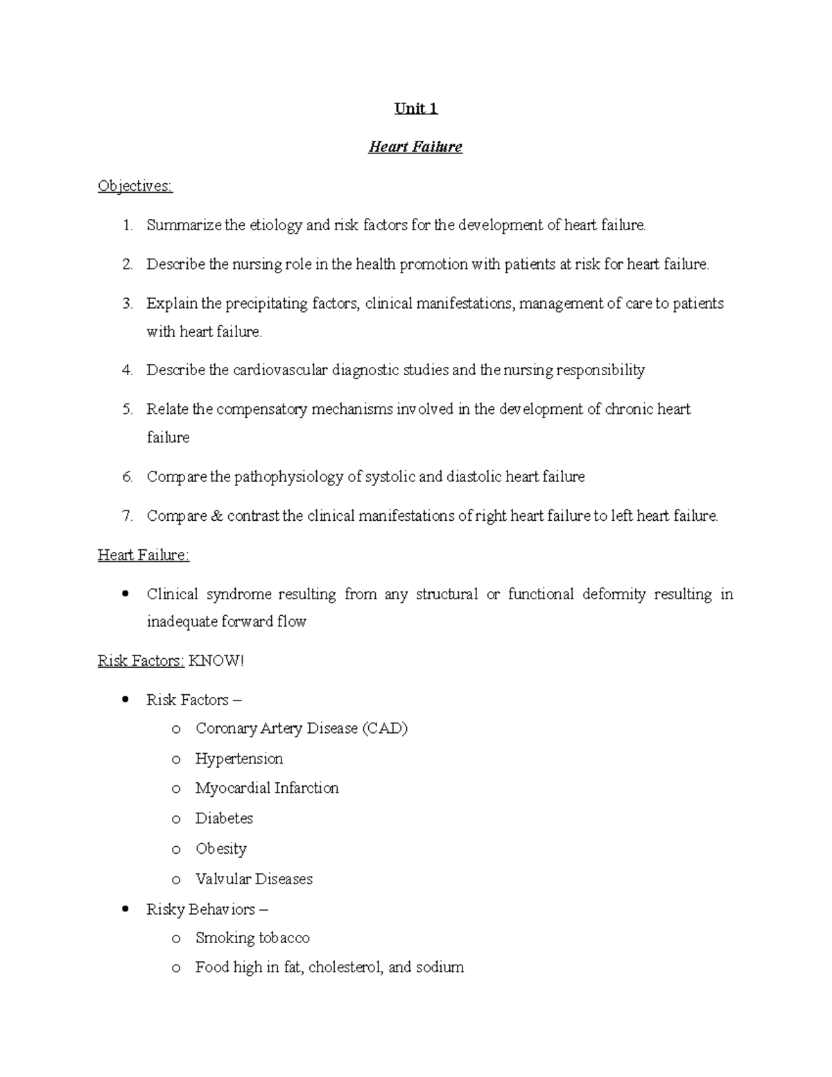 Week 1.2 - Heart Failure - Unit 1 Heart Failure Objectives: Summarize ...
