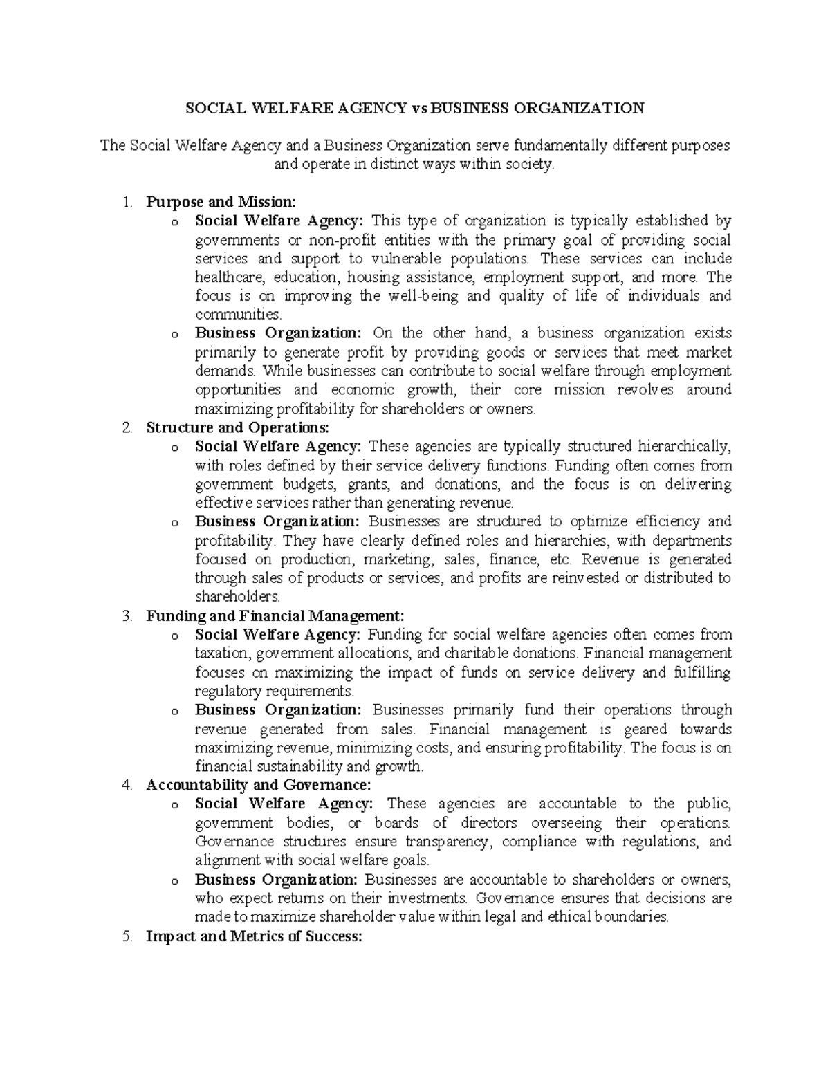 Social Welfare Agency vs Business Organization - SOCIAL WELFARE AGENCY ...