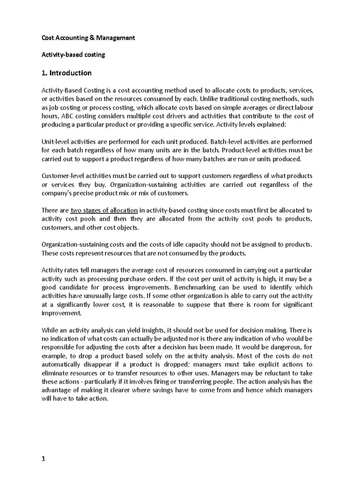 Cma Course Notes Activity Based Costing Cost Accounting And Management Activity Based Costing