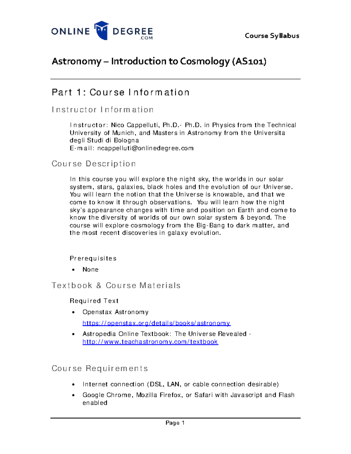 Syllabus Astronomy Introduction to Cosmology AS101 - Astronomy ...