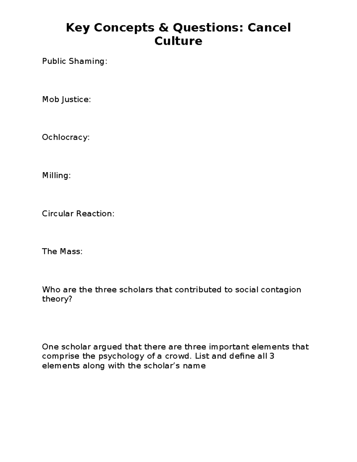 Cancel culture worksheet - COMS 1000 - Key Concepts & Questions: Cancel ...