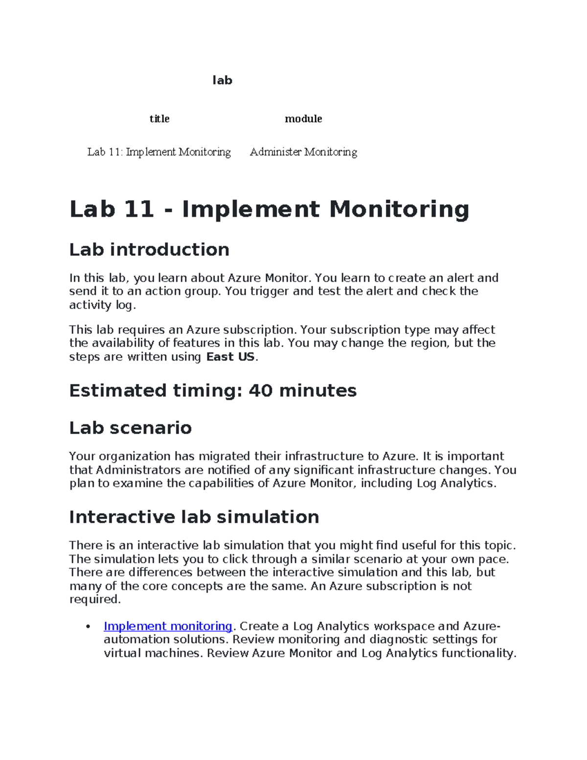 Lab 11 - Implement Monitoring - lab title module Lab 11: Implement Monitoring Administer ...