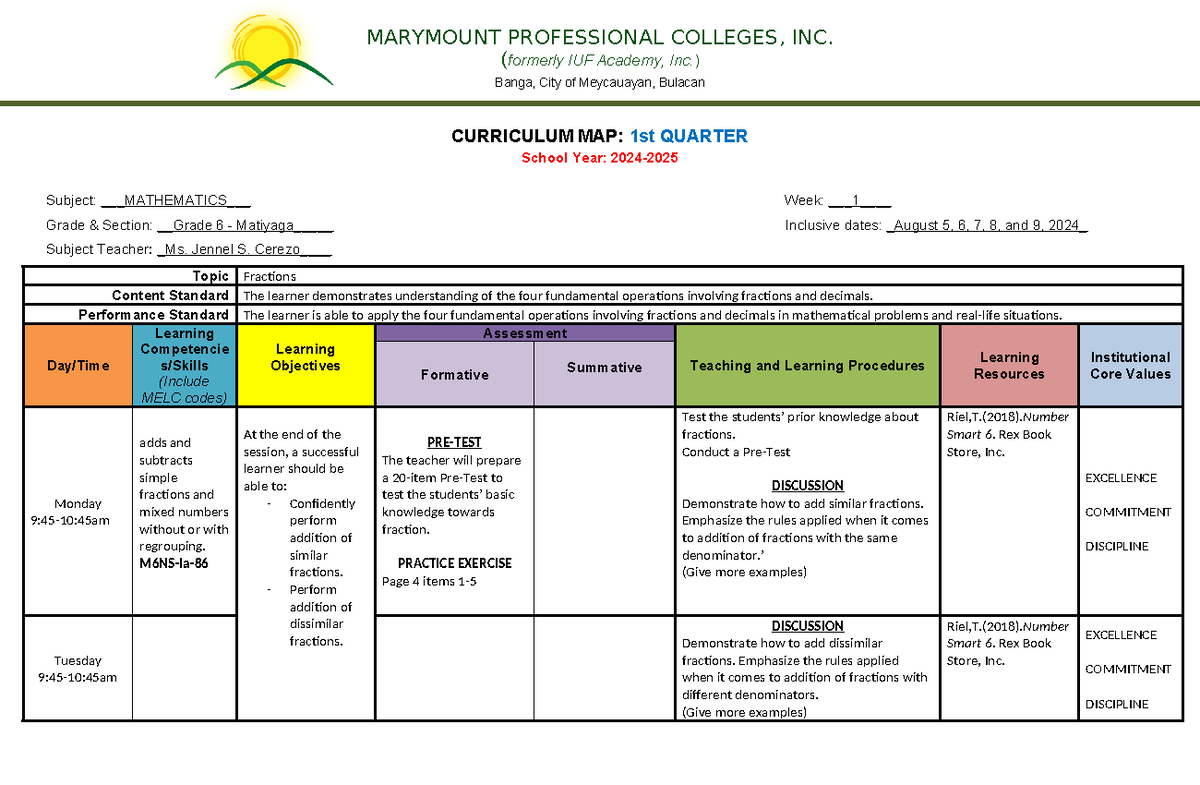 MATH6Q1W1-8 - Curriculum Map for Mathematics 6 - CURRICULUM MAP: 1st ...