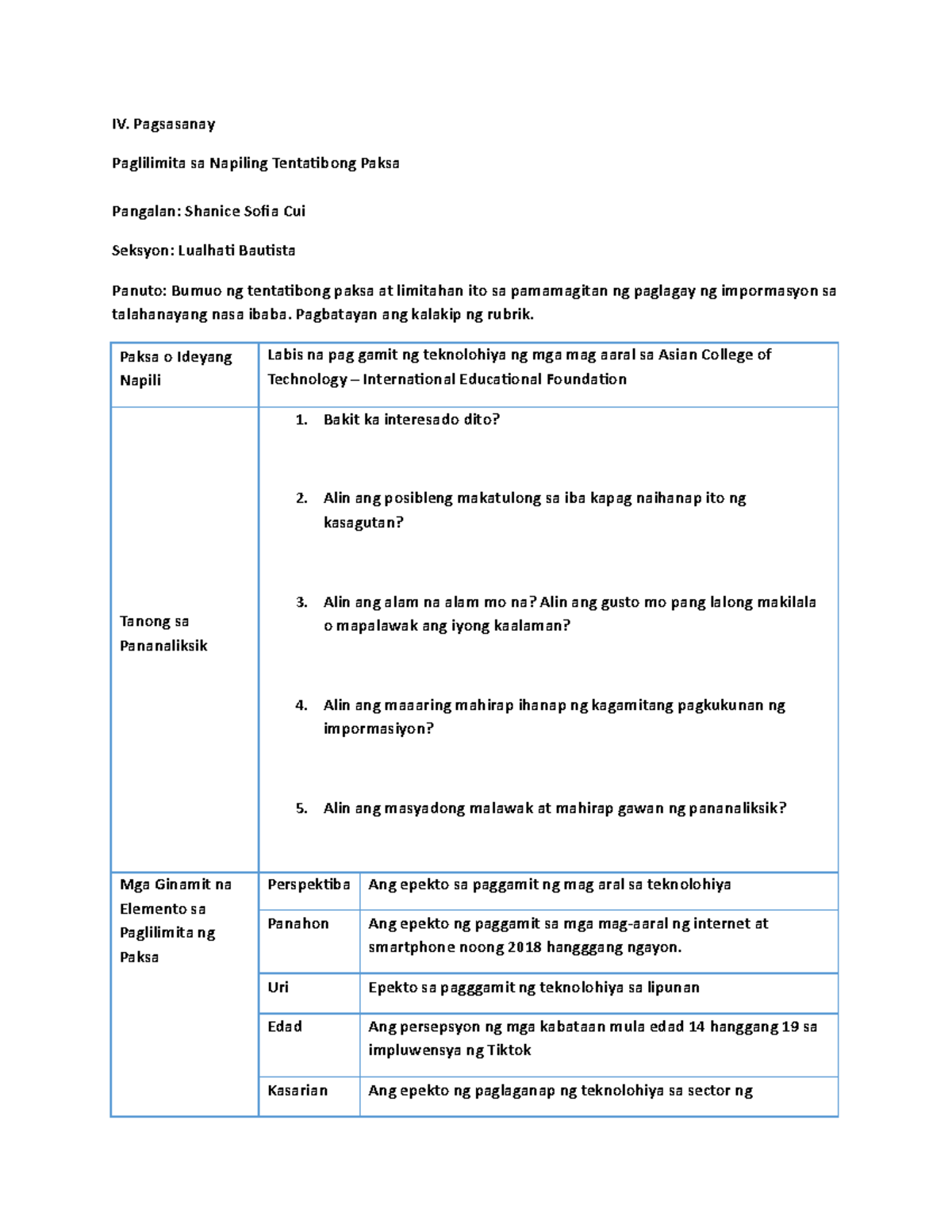 CORE07 - Module 09 Shanice Sofia CUI - IV. Pagsasanay Paglilimita sa ...