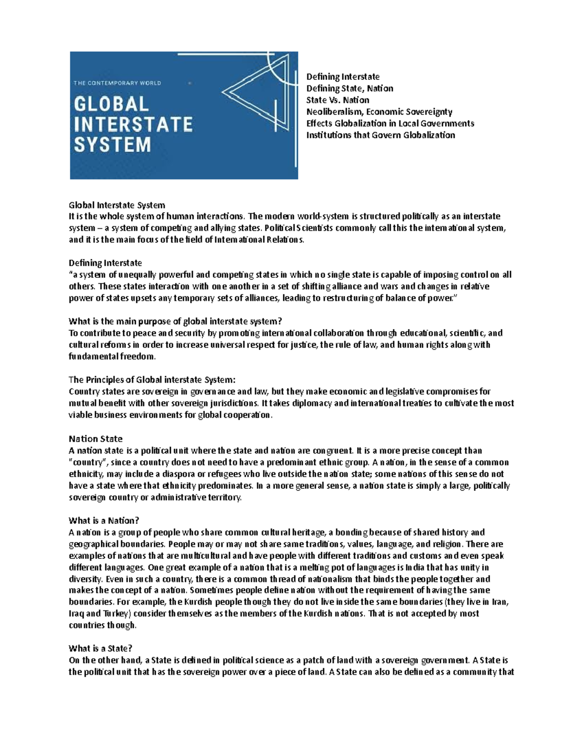 Global Interstate System - Defining Interstate Defining State, Nation ...