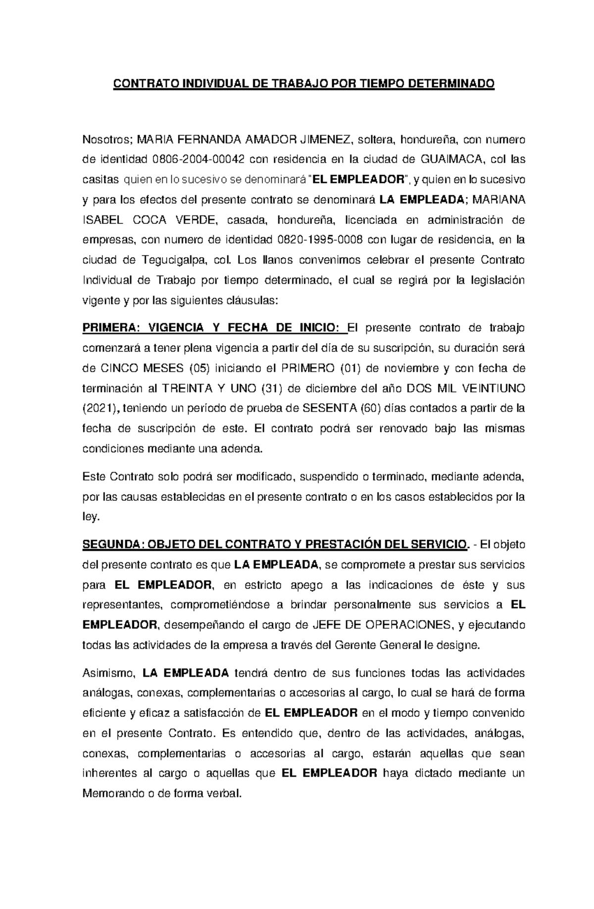 Contrato Individual DE Trabajo POR Tiempo Definido- Fernanda Amador ...