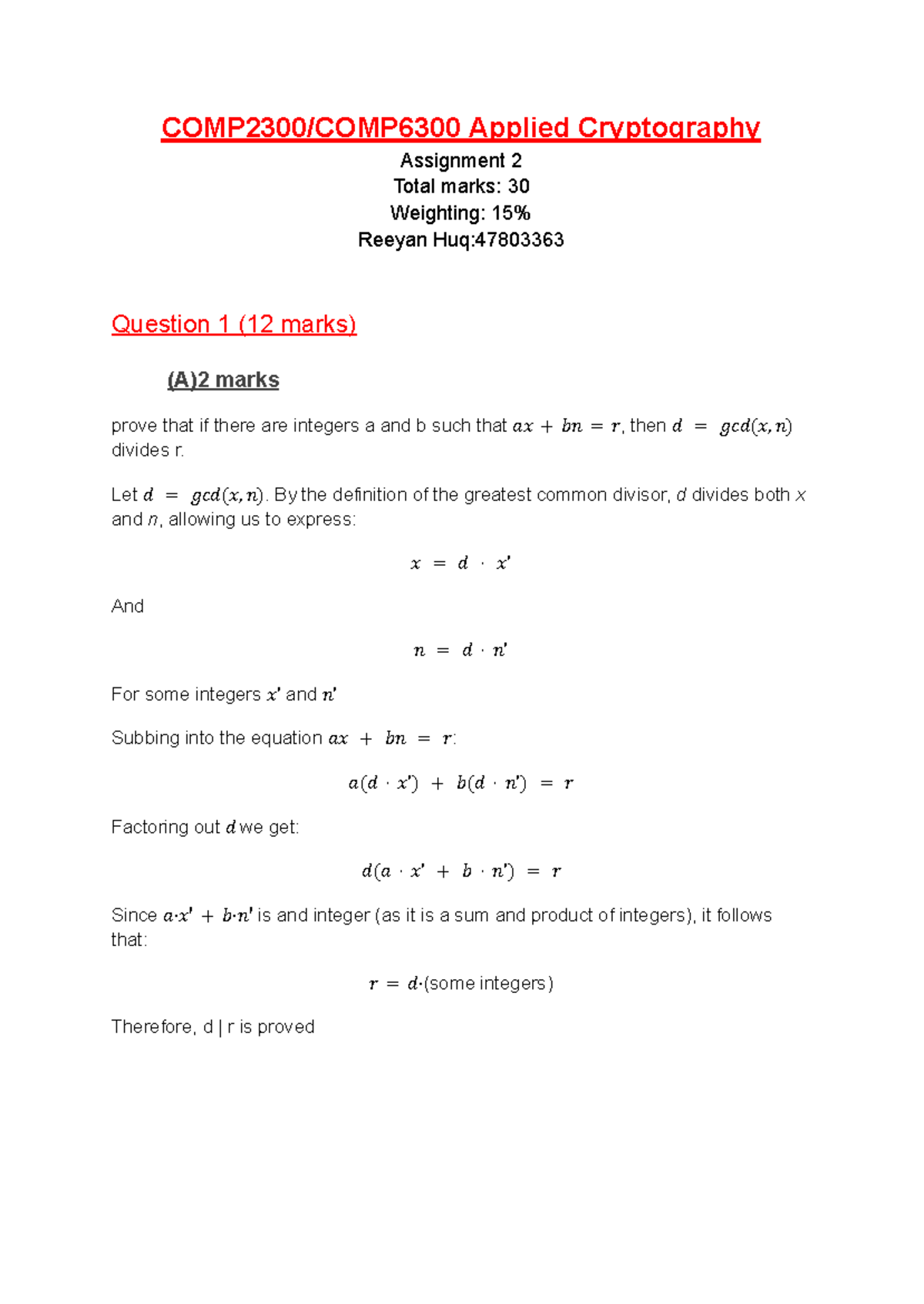 2300 assignment 2-47803363 - COMP2300/COMP6300 Applied Cryptography Assignment 2 Total marks: 30 ...