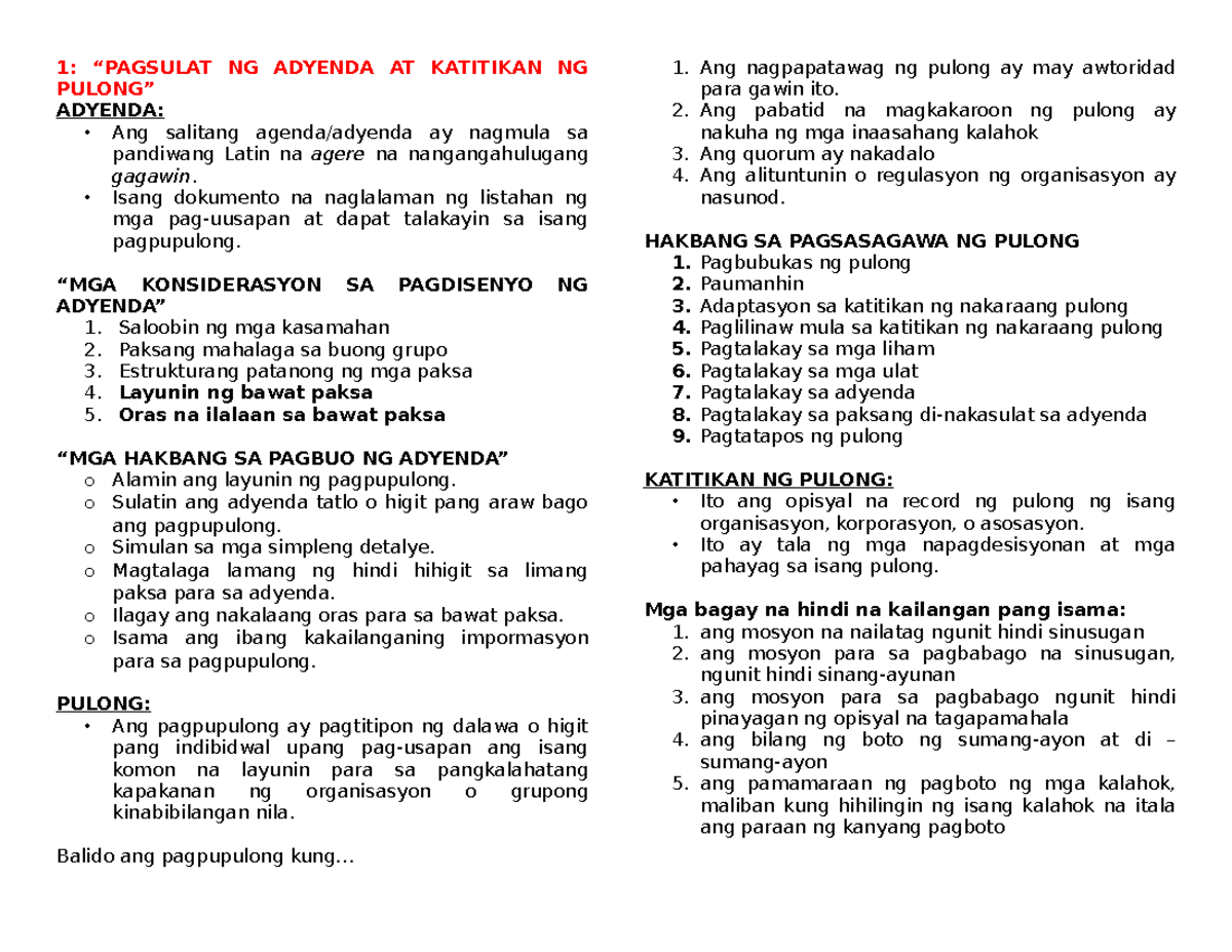 Fil3rev - Filipino 3 - 1: “PAGSULAT NG ADYENDA AT KATITIKAN NG PULONG ...