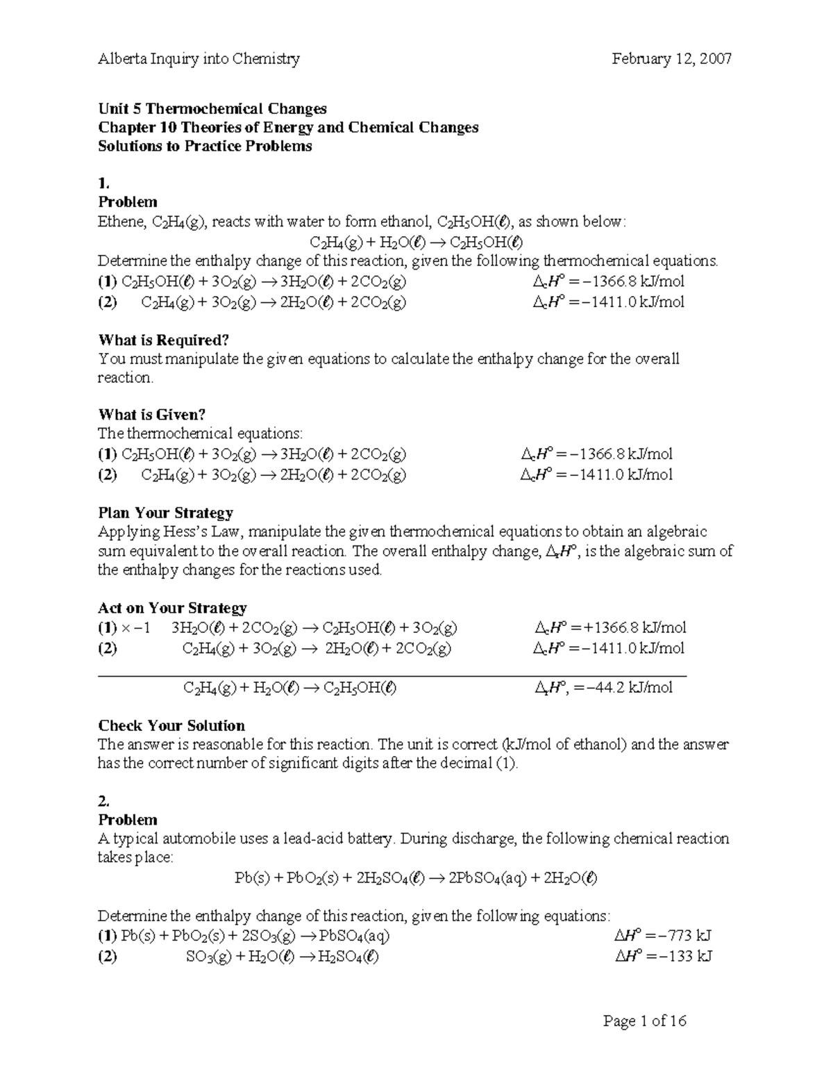 Mhr iic ch 10 1 - Solutions to Ch10 - Unit 5 Thermochemical Changes ...