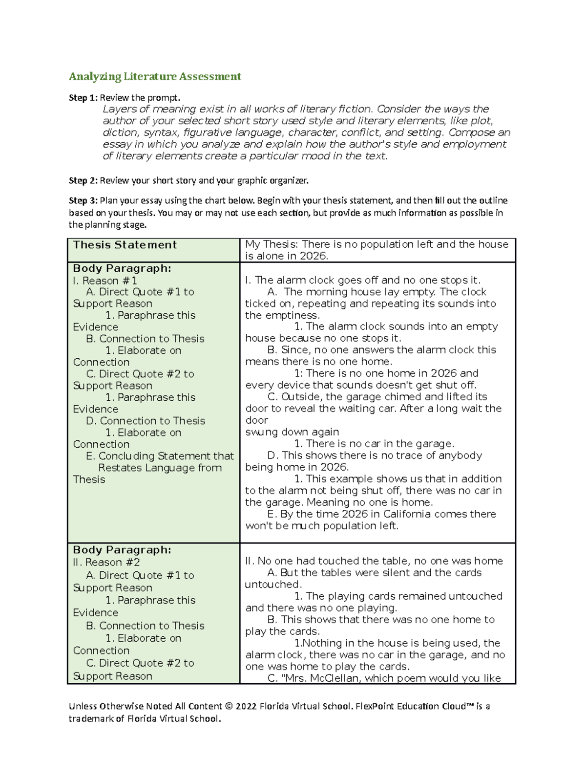 1 - flvs assignments 2022-2023 - Analyzing Literature Assessment Step 1: Review the prompt ...